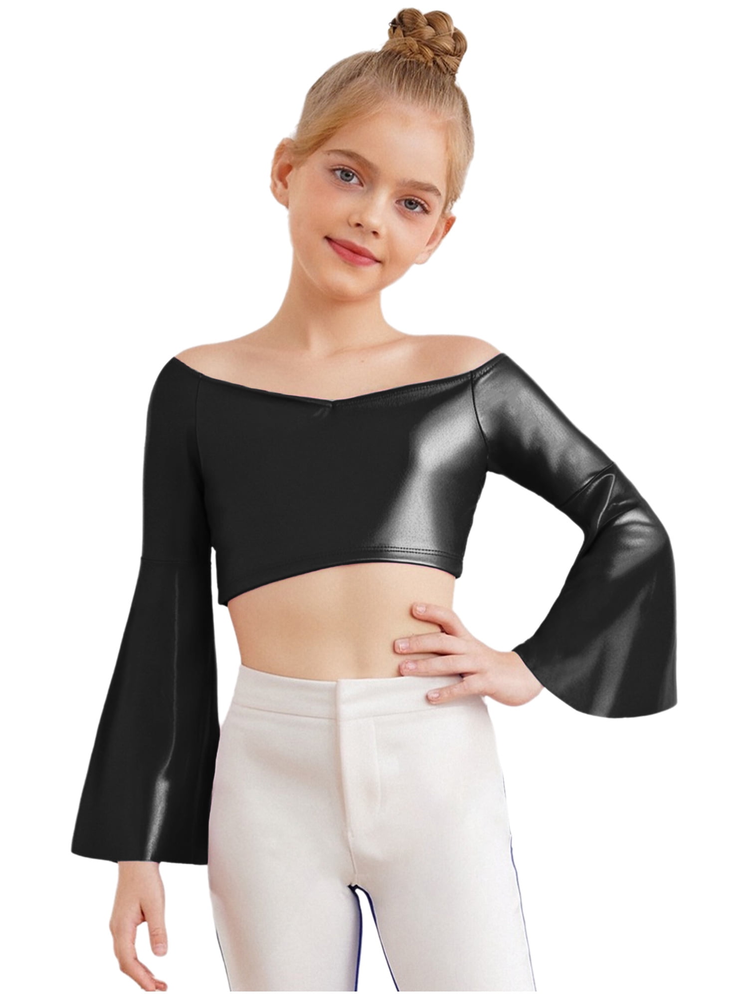 TSSOE Kids Girls Off-Shoulder Disco Party Shirts Long Flared Sleeve ...