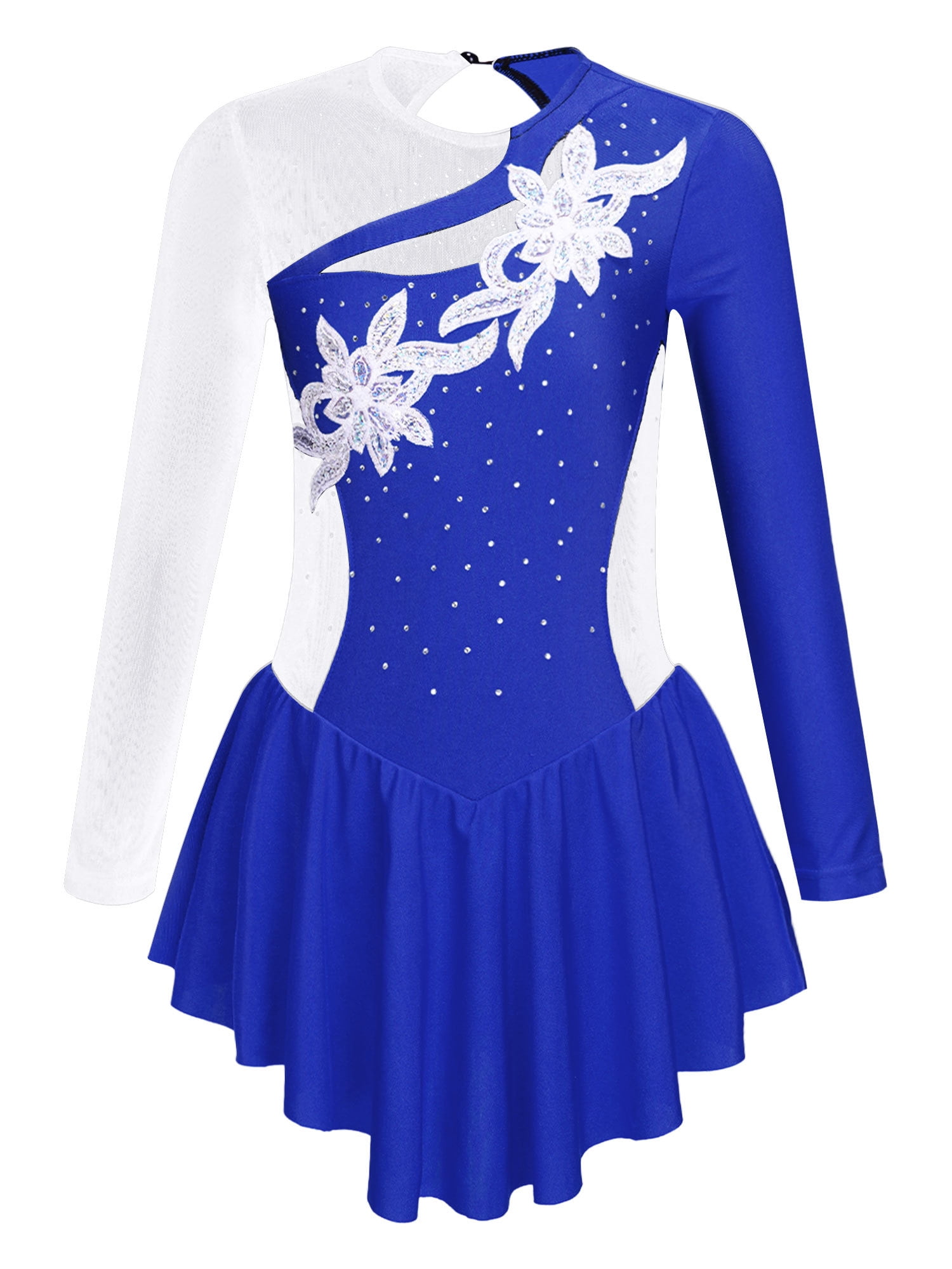 TSSOE Kids Girls Rhinestone Figure Ice Skating Dress Mesh Splice Long ...
