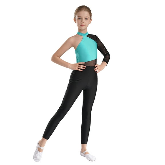 HULIJA Kids Girls Sparkly Sheer Mesh Gymnastics Unitard Full Length Ballet Leotards Figure ...