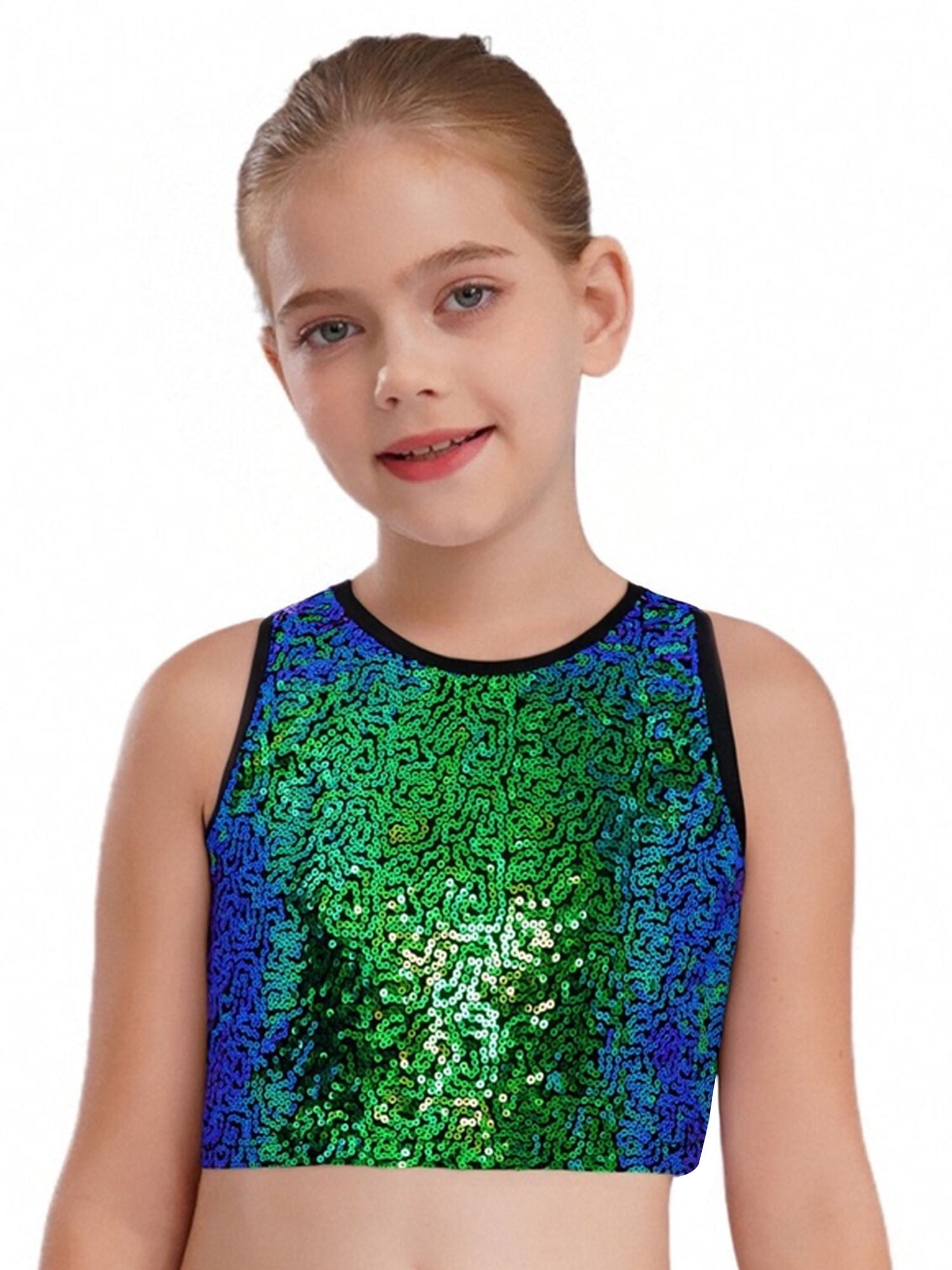 TSSOE Kids Girls Sparkling Sequin Crop Top Vest for Jazz Dance ...