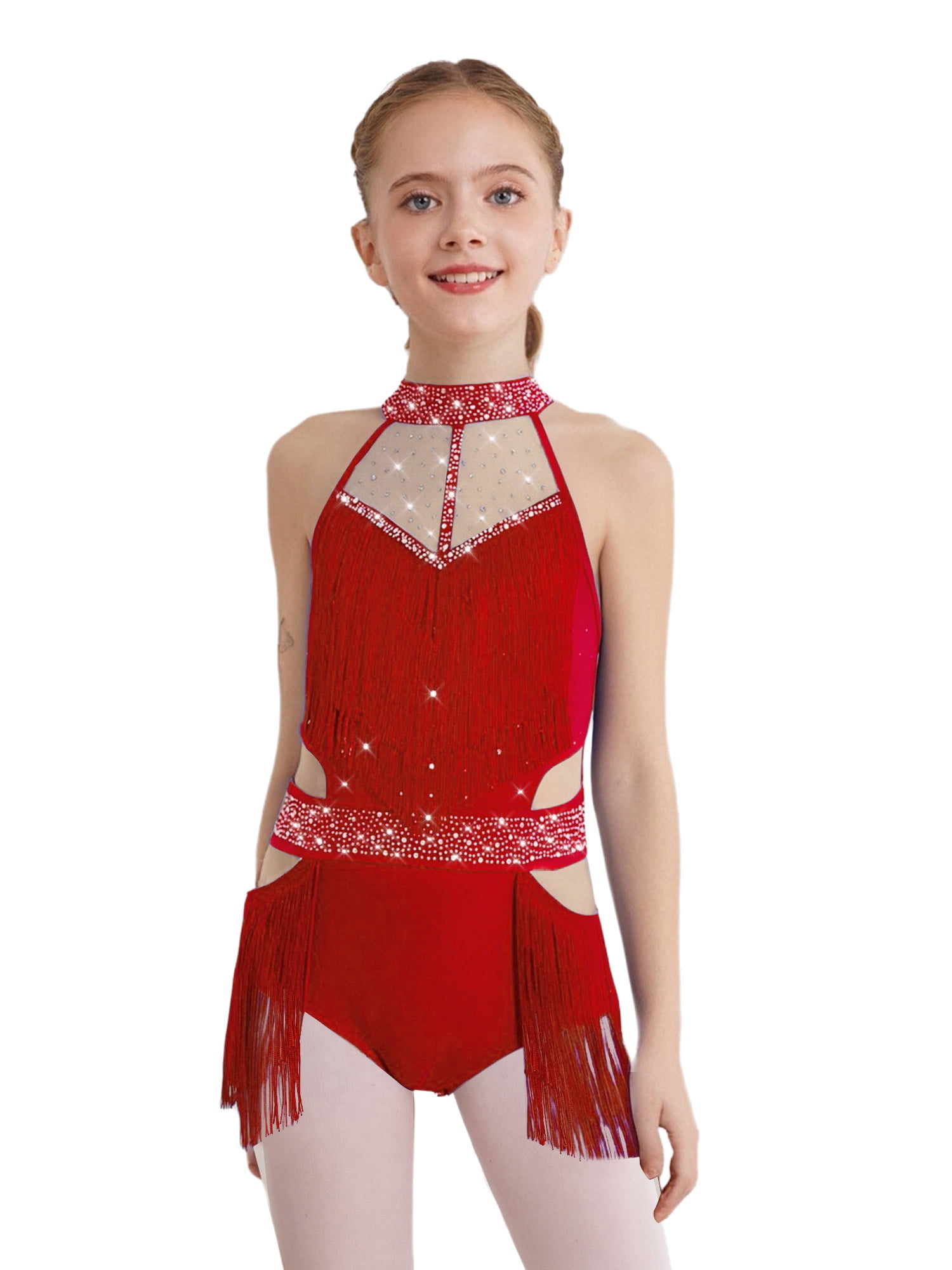 TSSOE Kids Girls Tassel Latin Dance Dress Shiny Fringe Skirt Halter ...