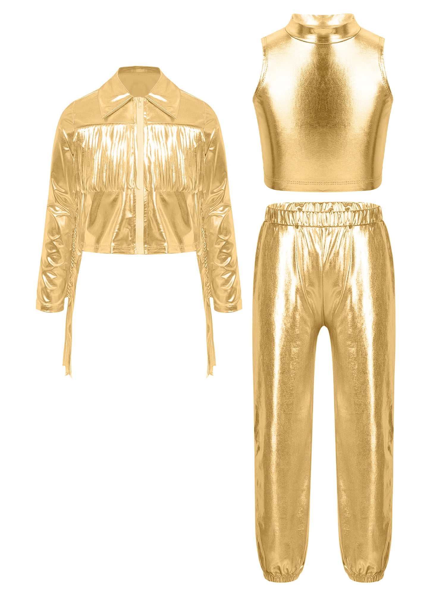 TSSOE Kids Girls Tassels Jacket And Pants Metallic Hip Hop Dance Outfit ...