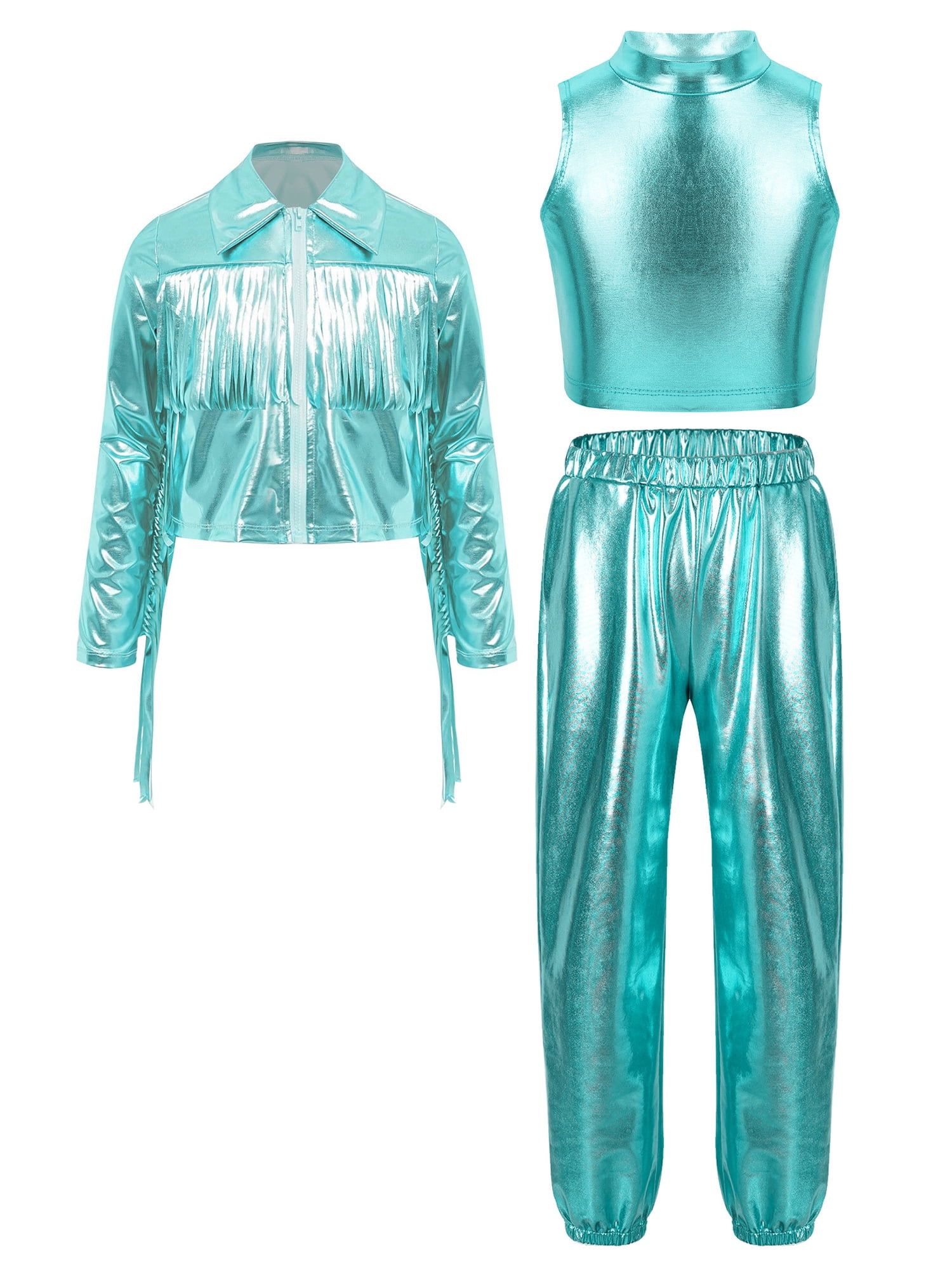 TSSOE Kids Girls Tassels Jacket And Pants Metallic Hip Hop Dance Outfit ...