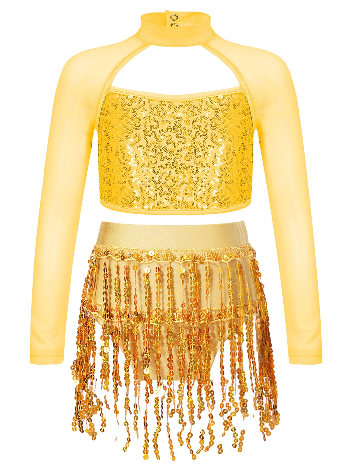 TSSOE Latin Modern Dance Outfit for Girls Sequins Mesh Cutout Crop Tops ...