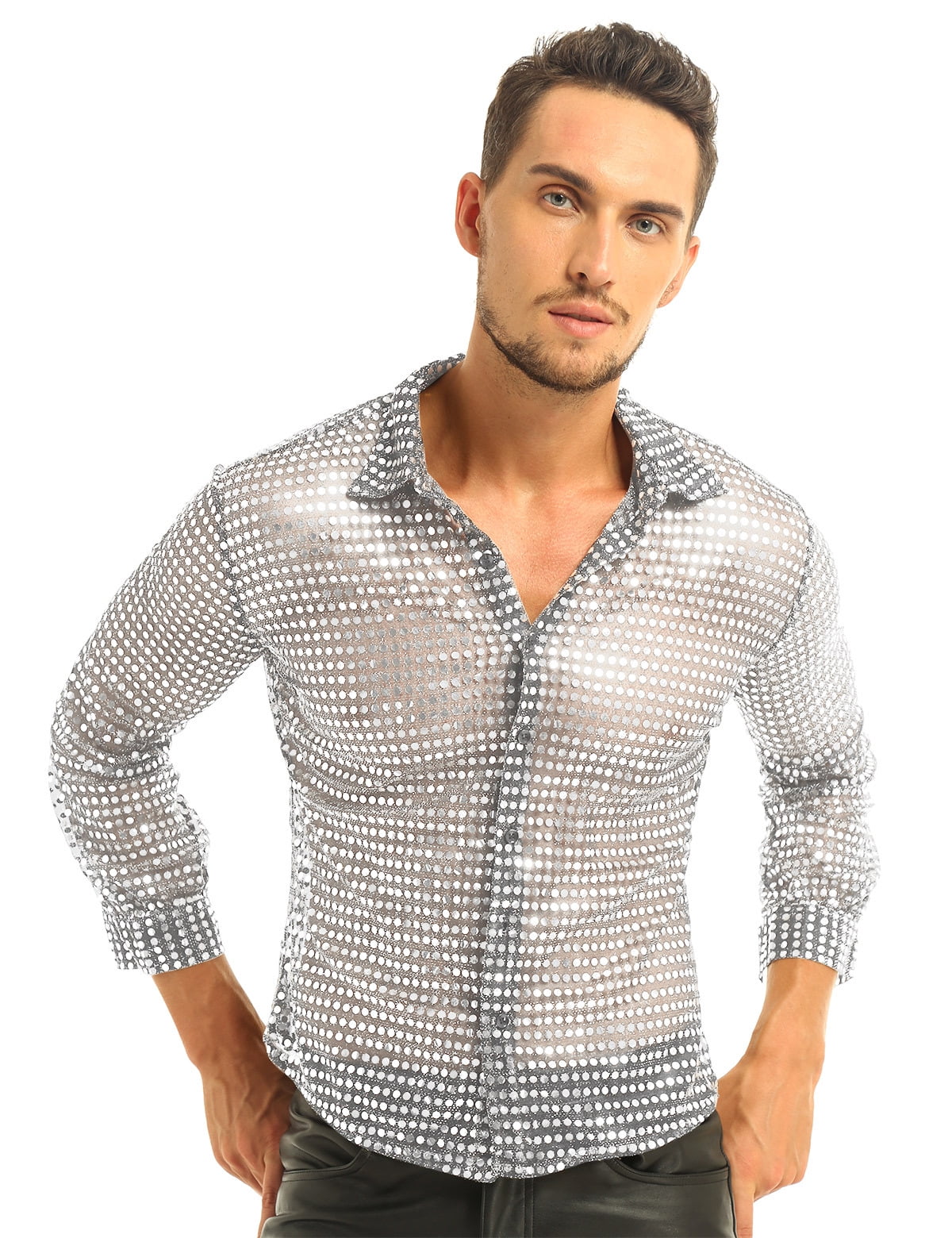 TSSOE Men's Shiny Sequined 70s Disco Dance Shirt Costume Long Sleeve ...