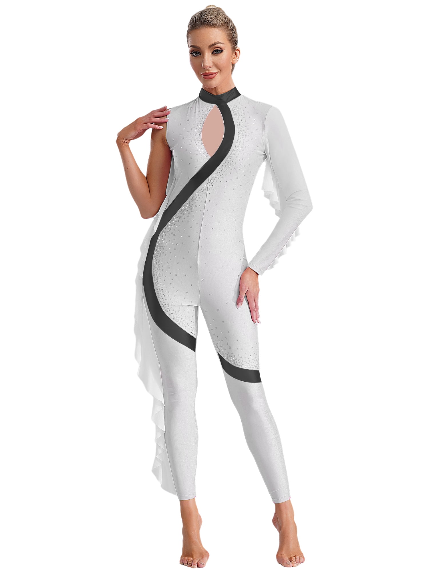 TSSOE Women Shiny Rhinestone Gymnastics Leotard Unitard Ruffles Dance ...