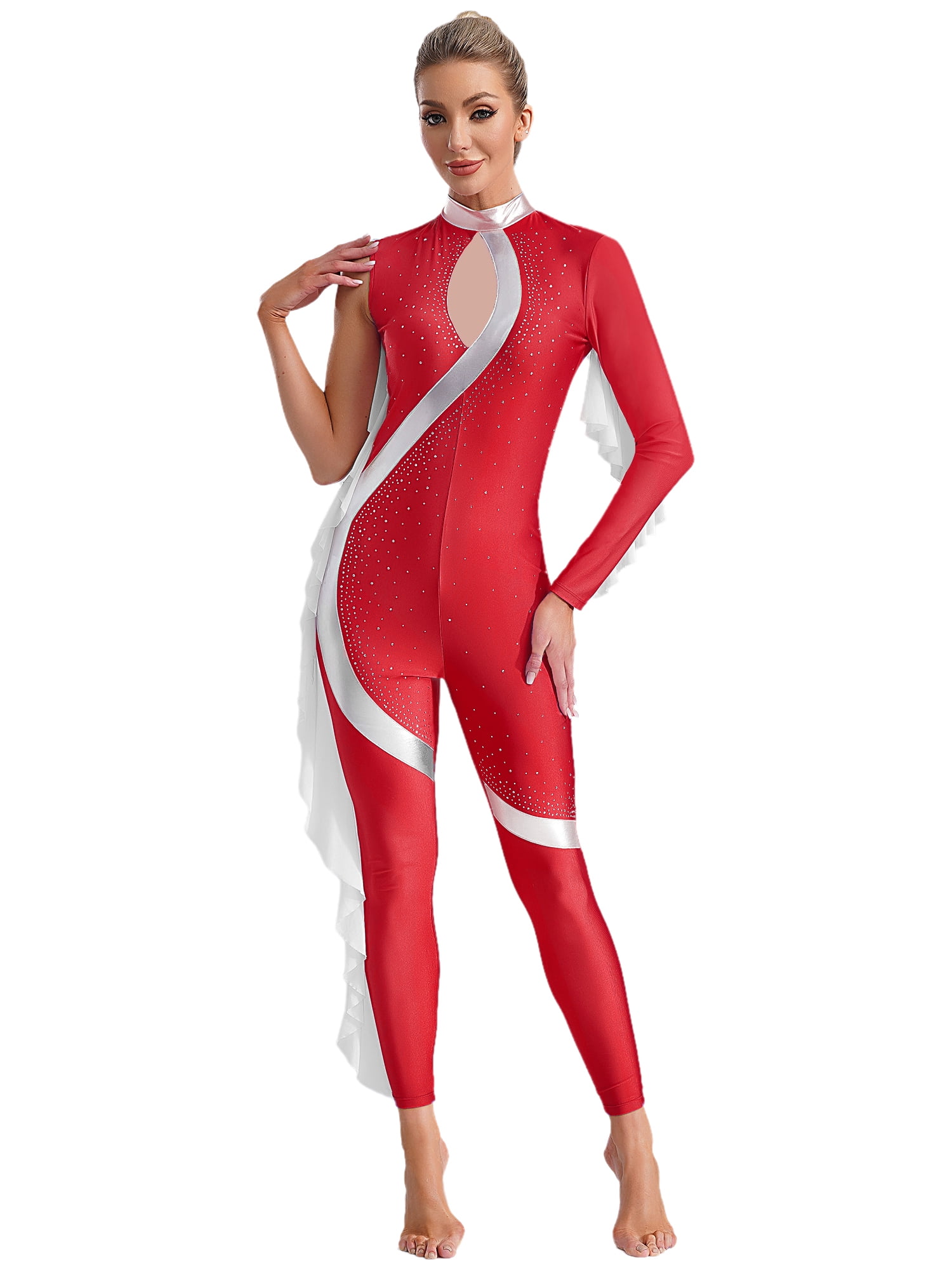 TSSOE Women Shiny Rhinestone Gymnastics Leotard Unitard Ruffles Dance ...