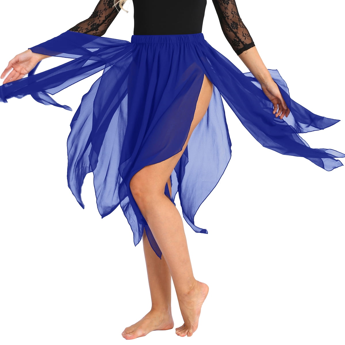 TSSOE Women's Chiffon Belly Dance Skirt Asymmetric 13 Panel Side Split ...
