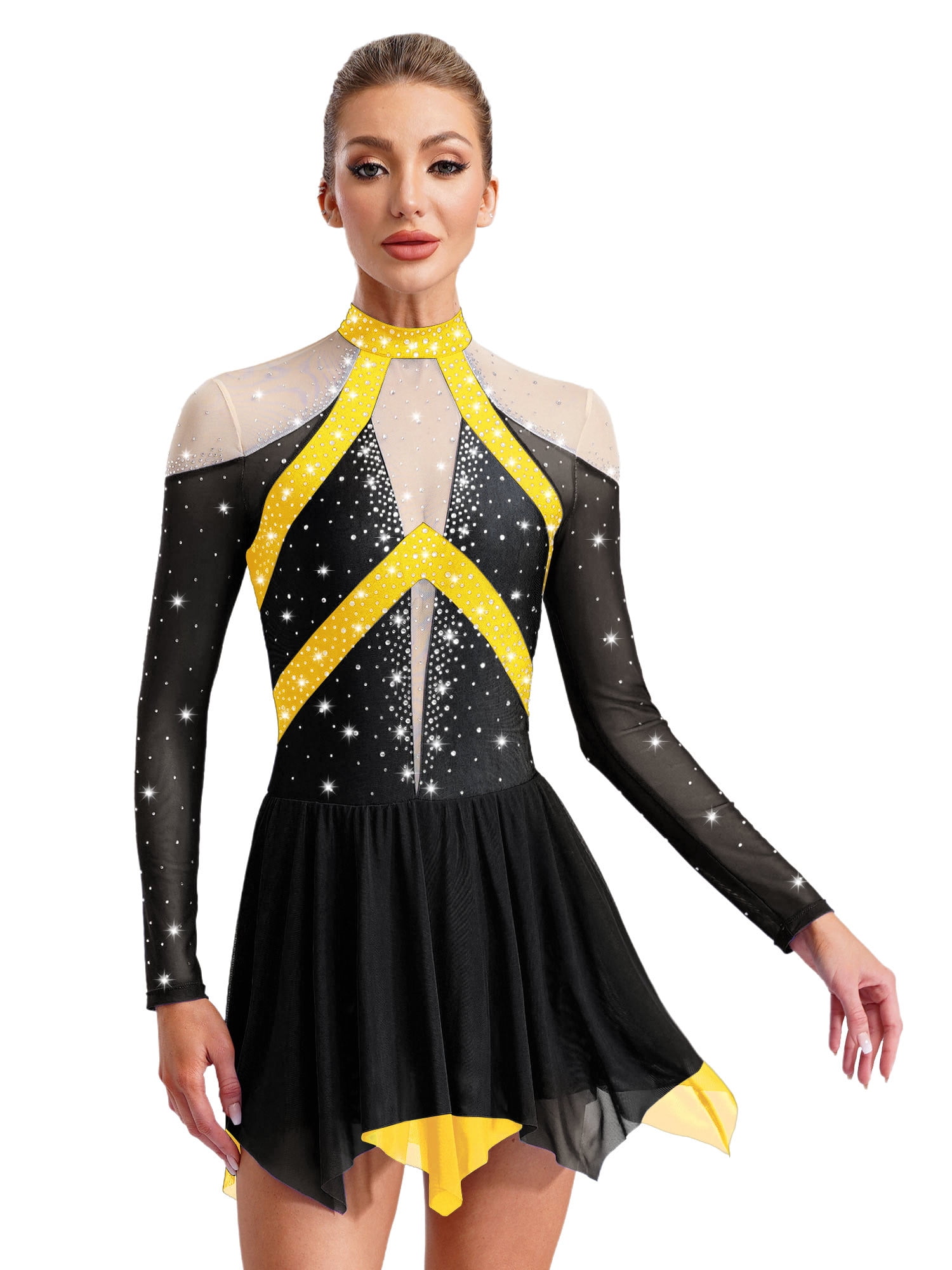 TSSOE Women's Color Block Rhinestone Figure Skating Dress Irregular Hem ...