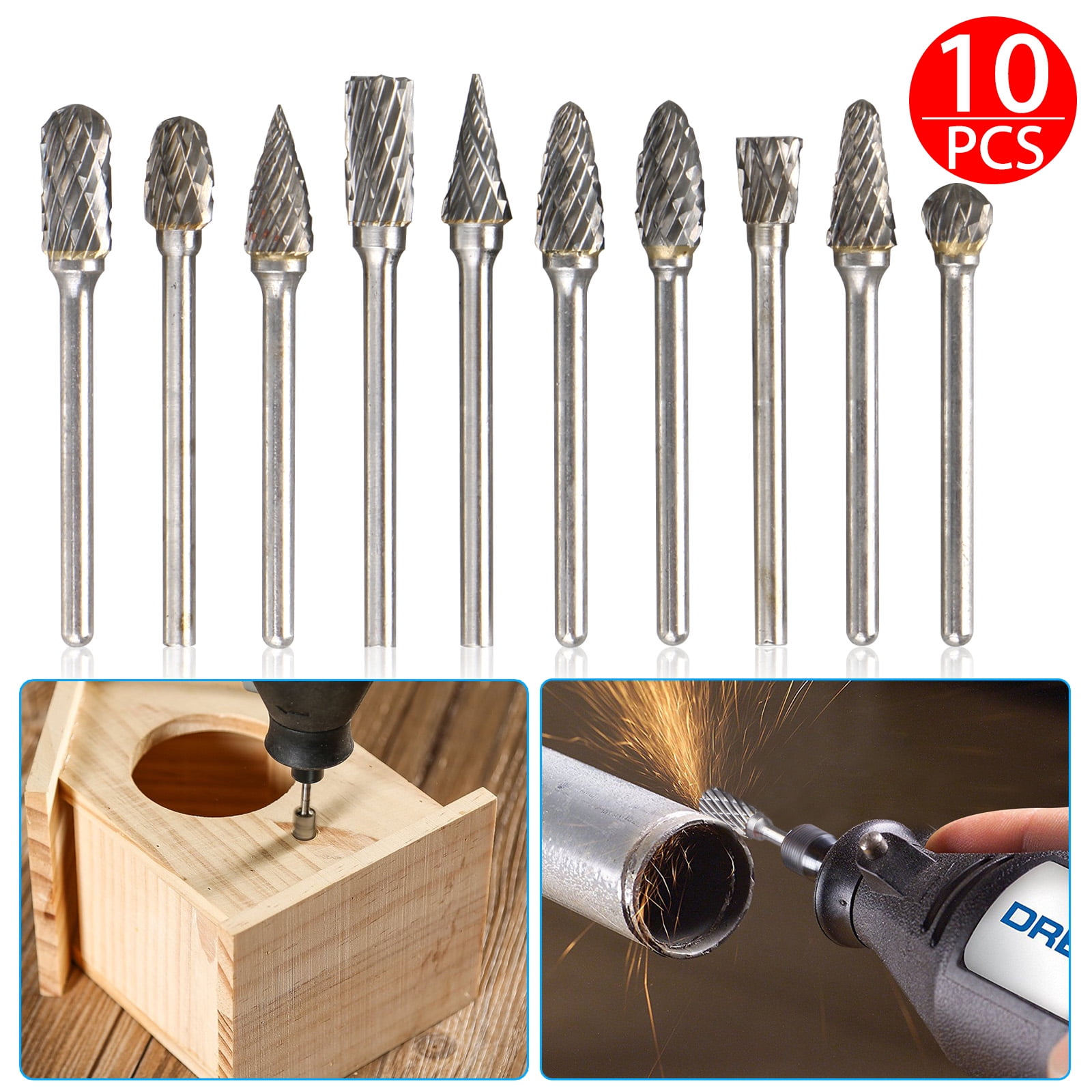 TSV 10pcs Carbide Burrs Fit for Dremel, 1/8" Shank Double Cut Tungsten ...