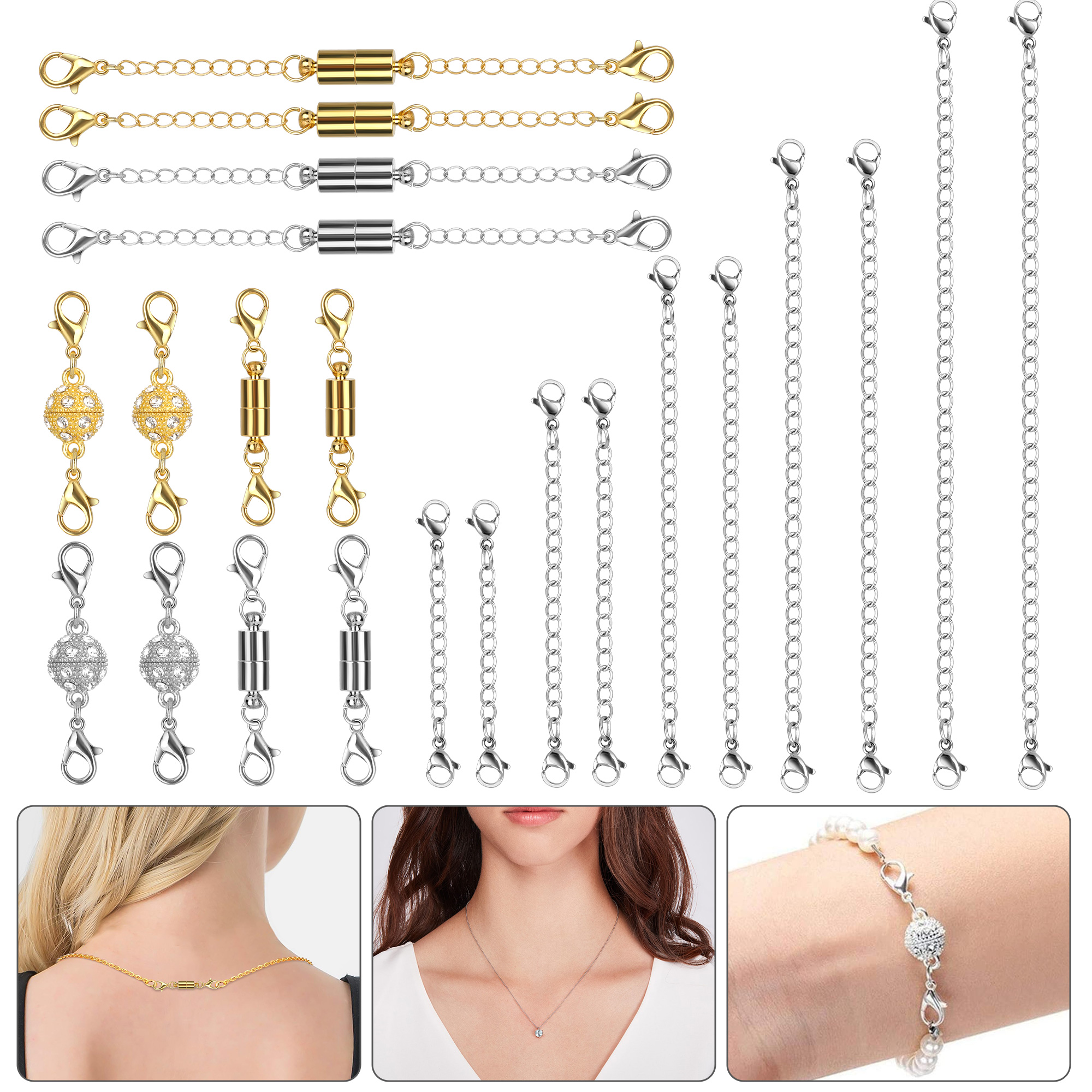 Necklace Extenders, 15 Pcs Stainless Steel Gold Silver Necklace ...