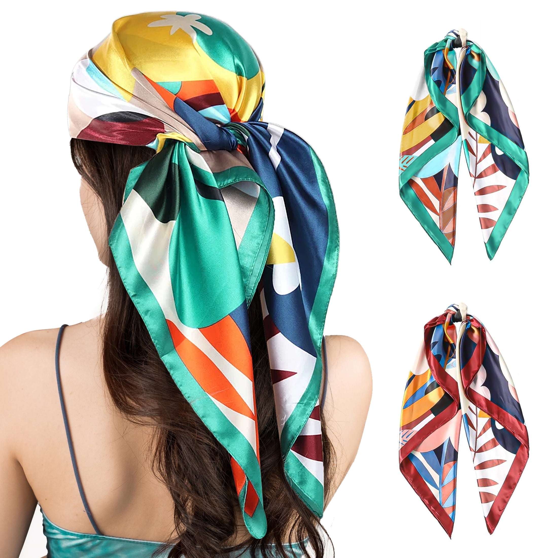 TSV 2pcs 35" Large Satin Square Head Scarves, Women's Floral Silk ...
