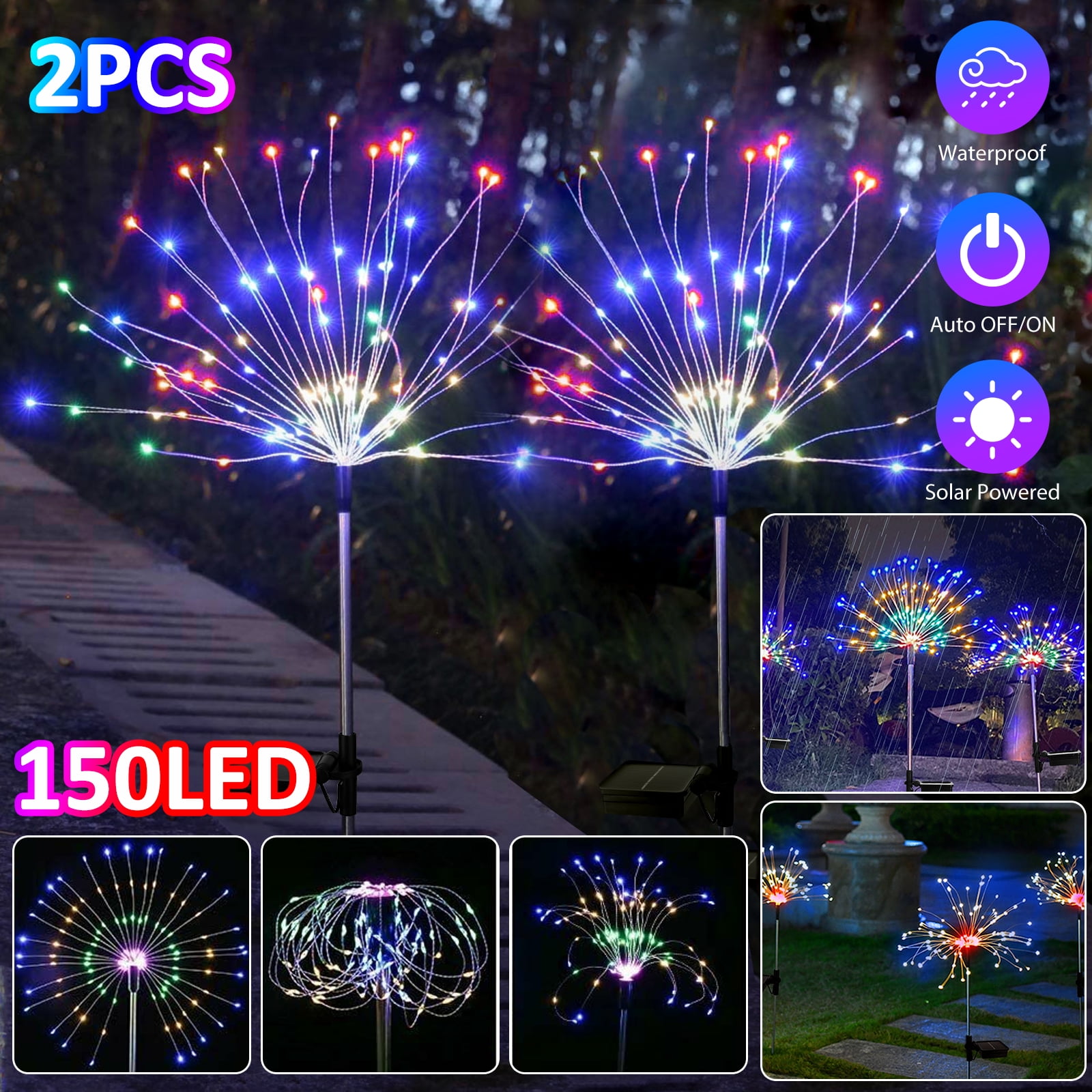 TSV 2pcs Solar Firework Lights, Waterproof Outdoor Lights with 150 LEDs ...