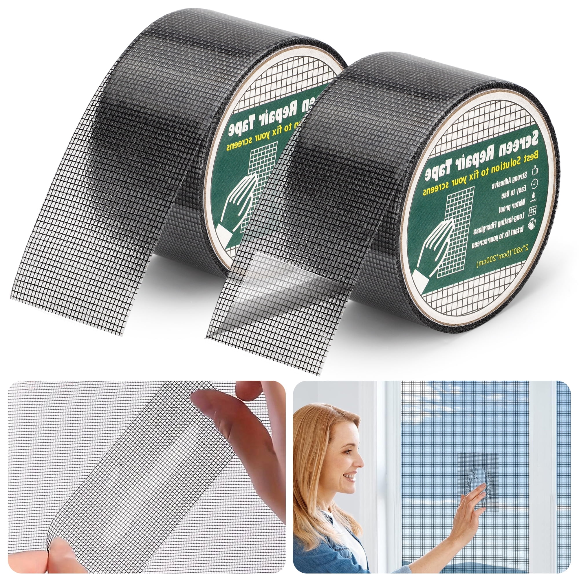 TSV 2pcs Window Door Screen Repair Kit, Black Fiberglass Wire Mesh ...