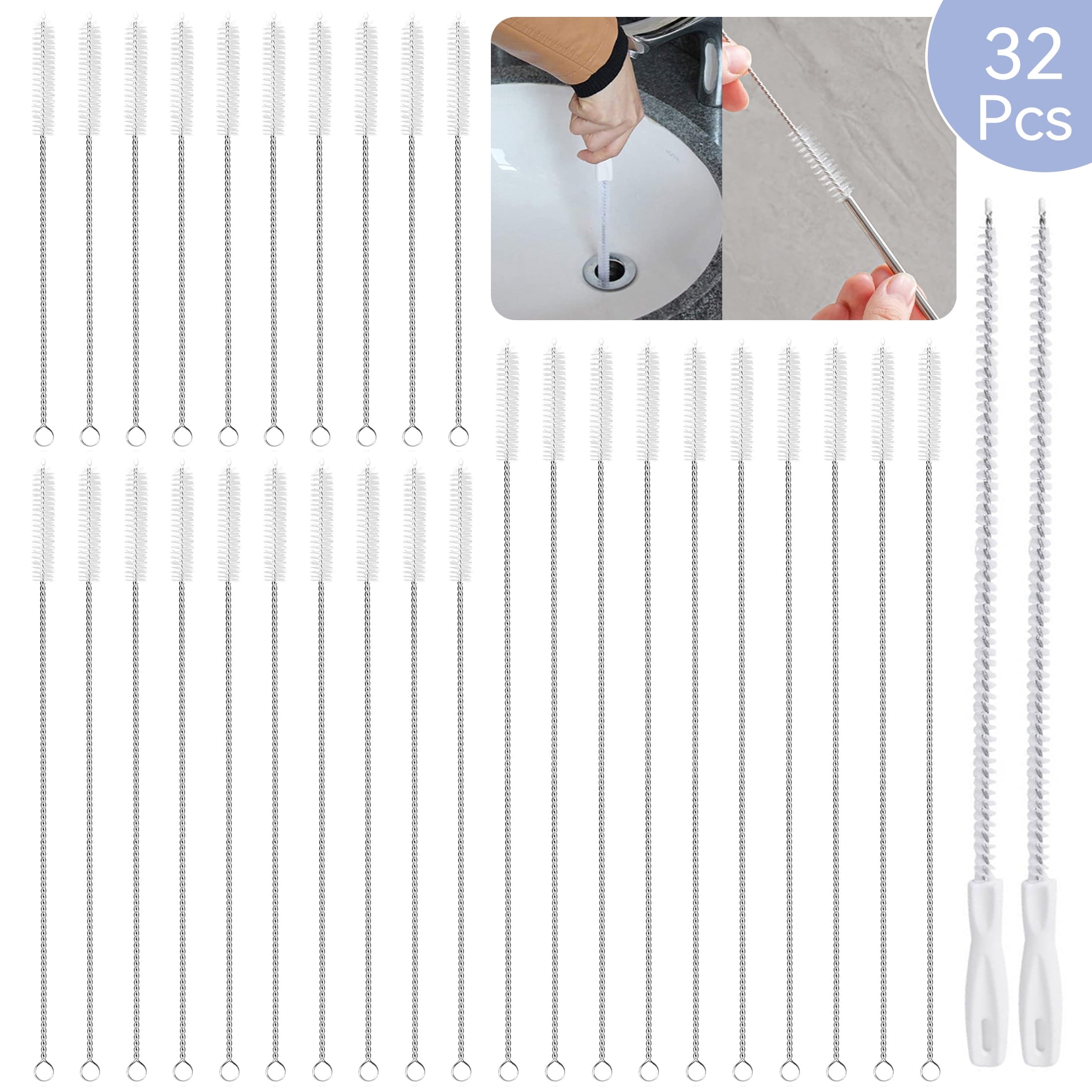 TSV 32pcs Straw Drain Cleaning Brush Set, 18.5" Long Drain Clog Remover ...