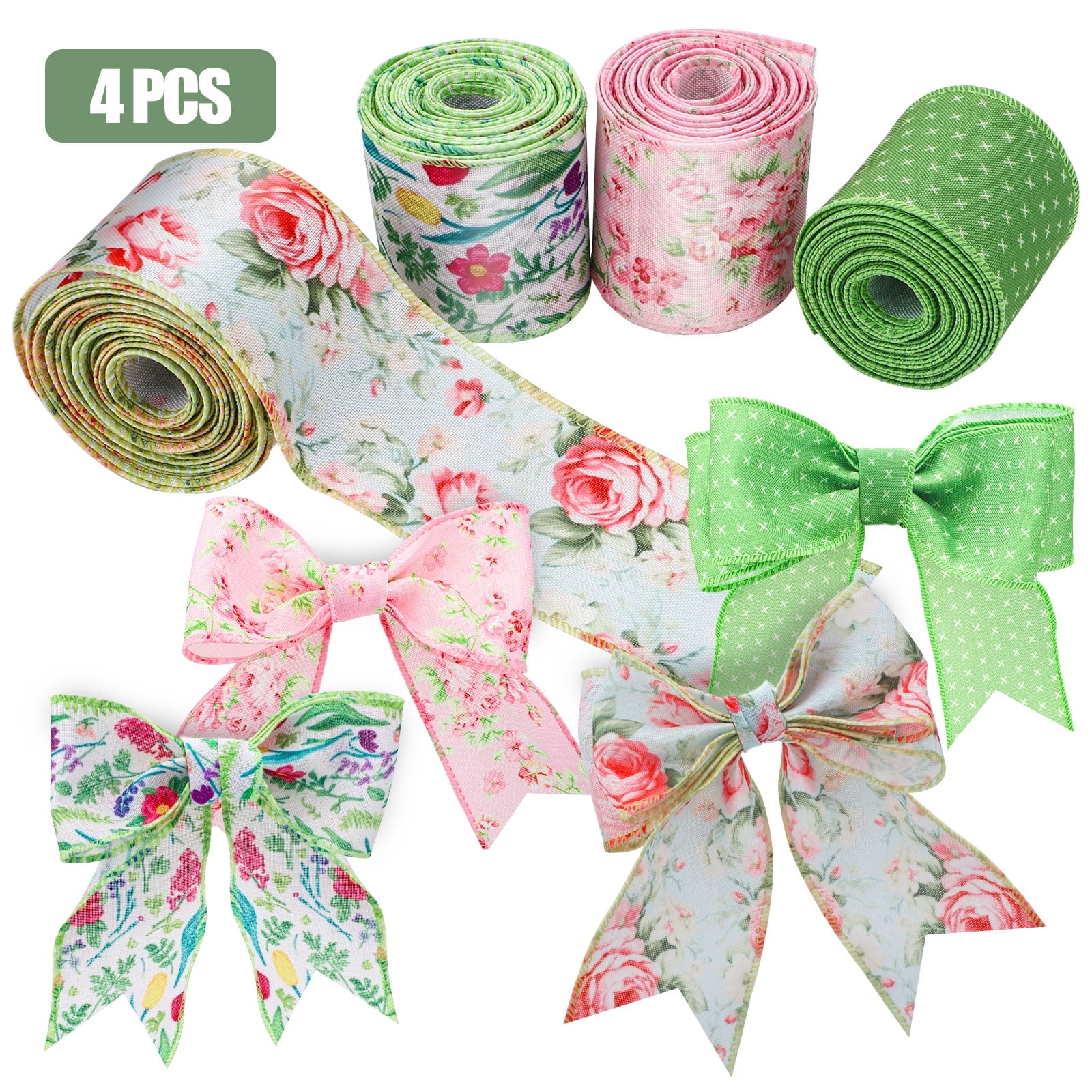TSV 4 Roll Floral Fabric Ribbons, 14.7ft Decorative Flower Trim Ribbon ...