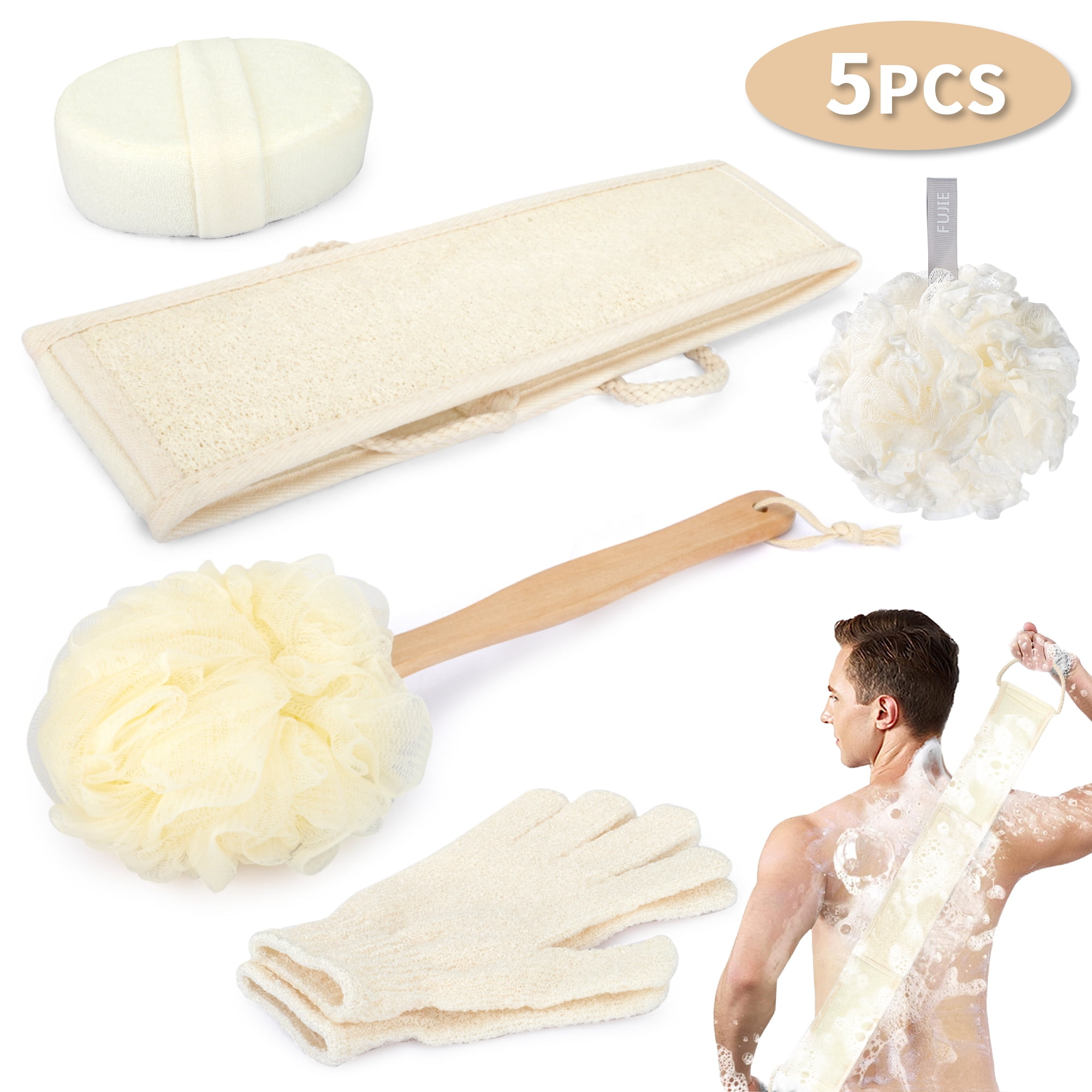 TSV 5Pcs Loofah Bath Brush Kit, Exfoliating Back Scrubber Shower Tools ...