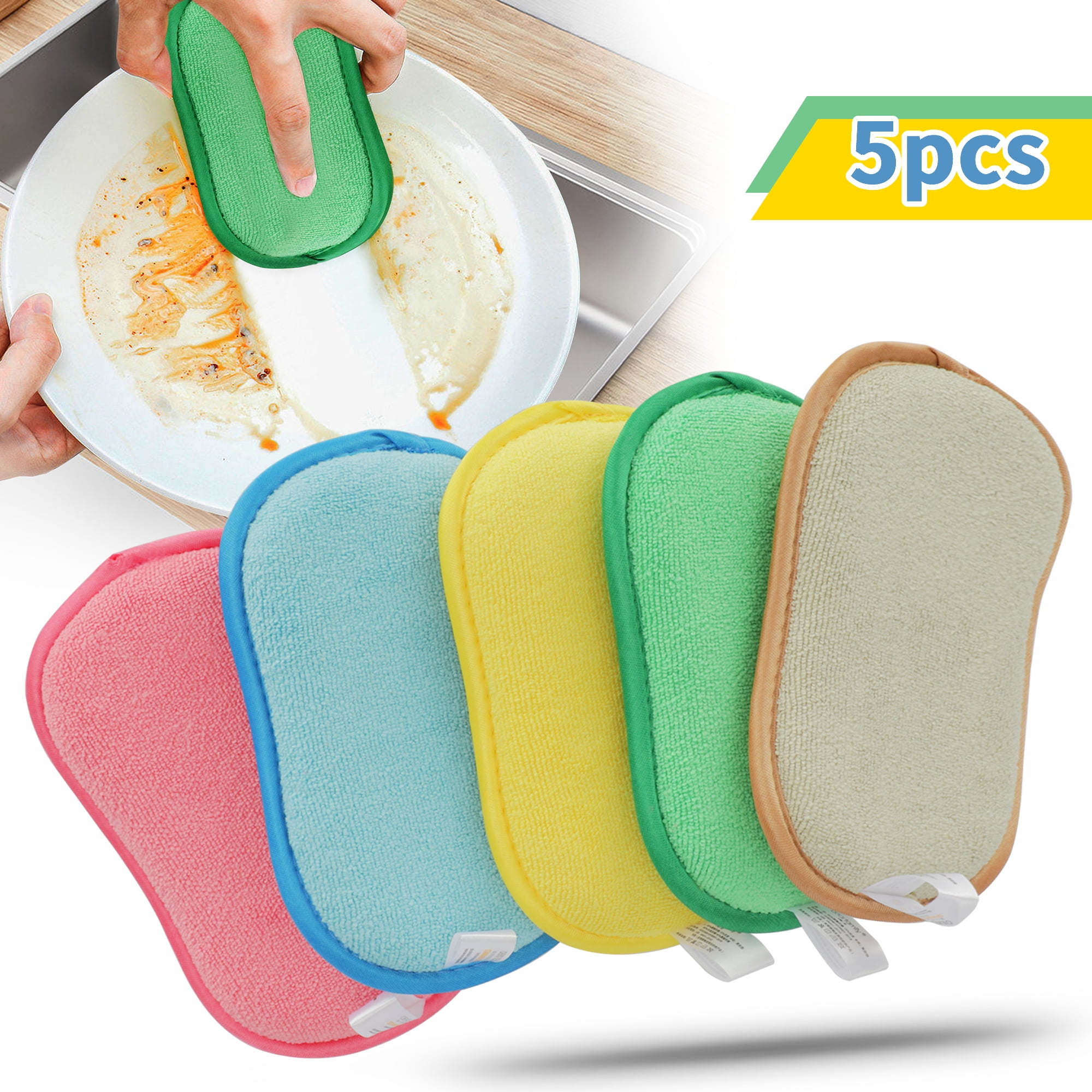 TSV Microfiber Kitchen Scrub Sponges 5pcs Dual-Side Reusable Dish Wash ...