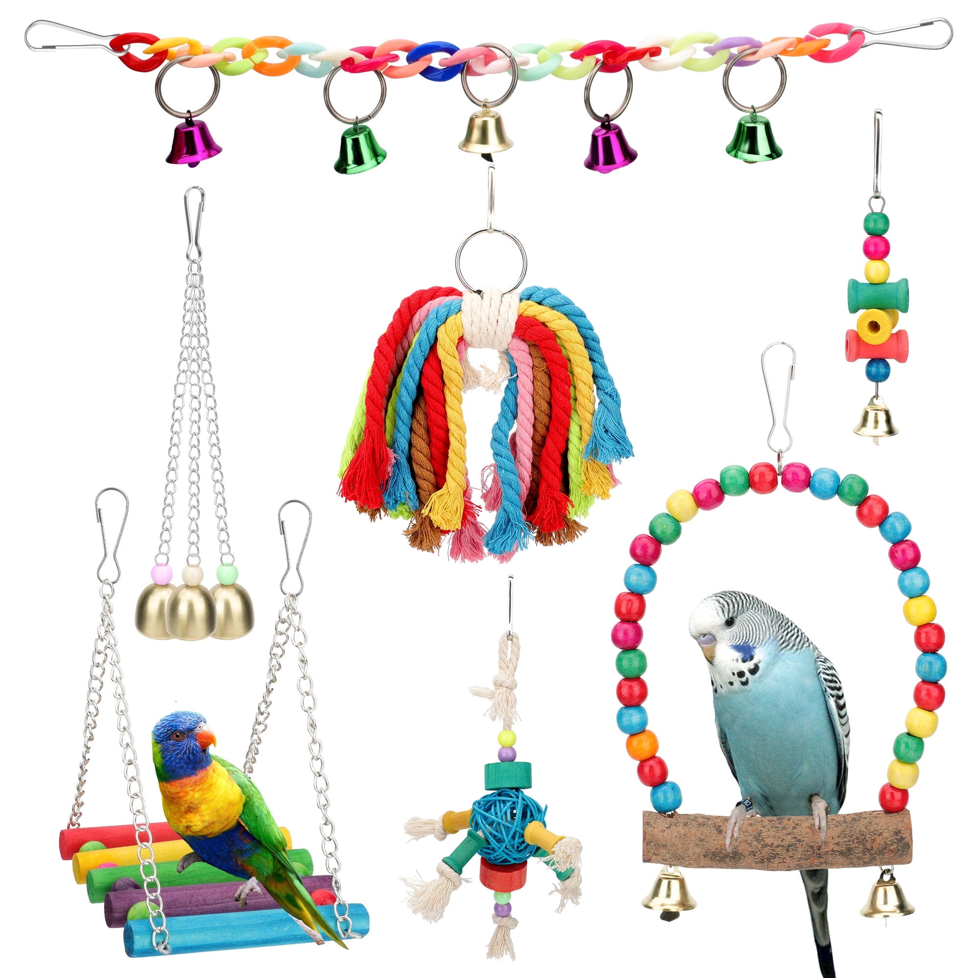 TSV 7pcs Bird Toys, Parrot Toys with Hammock Swing, Hanging Bells, Rope ...