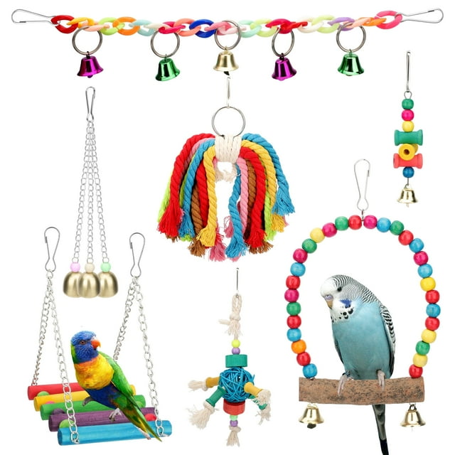 TSV 7pcs Bird Toys, Parrot Toys with Hammock Swing, Hanging Bells, Rope ...