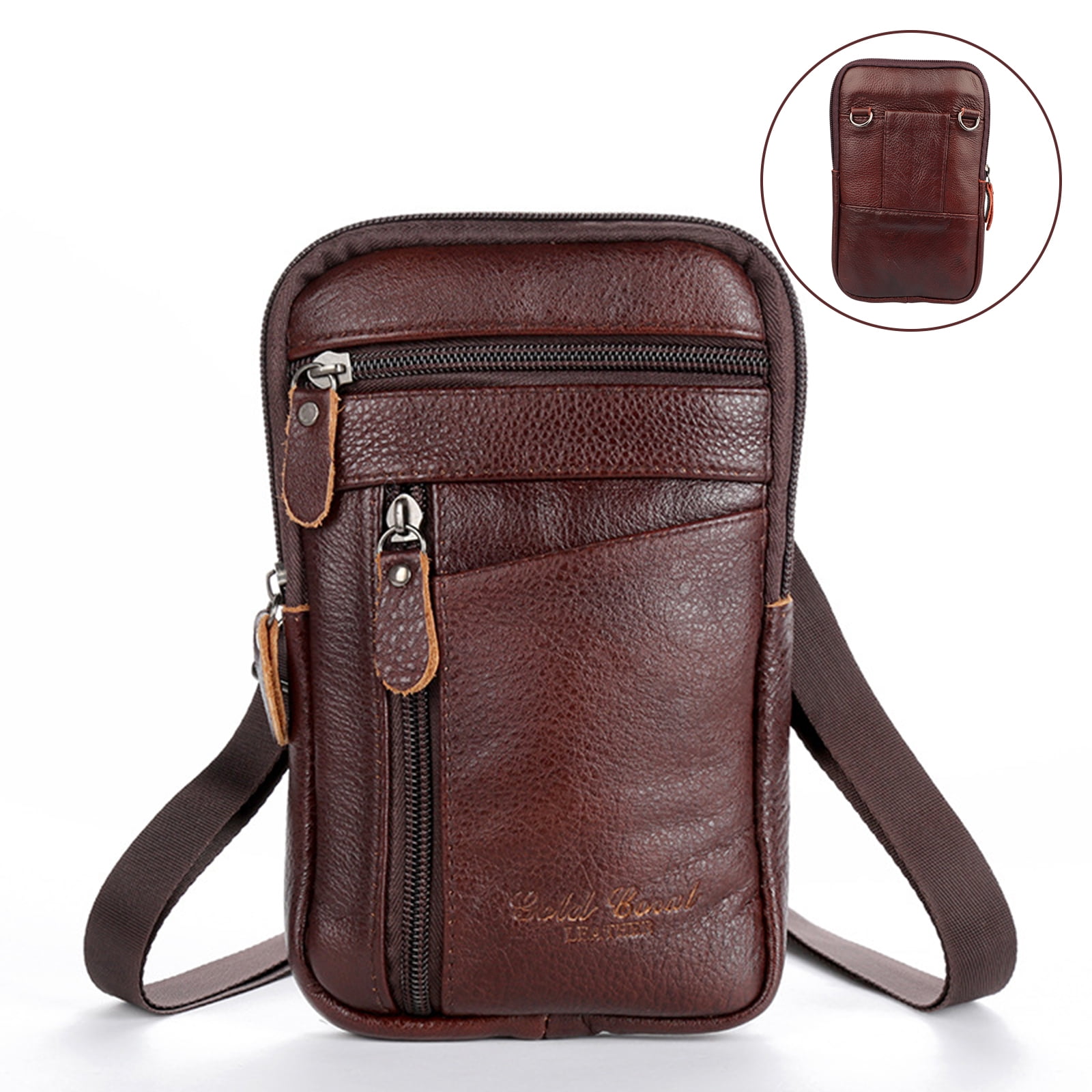 TSV Men's 3-Pocket Leather Crossbody Phone Bag with Shoulder Strap ...
