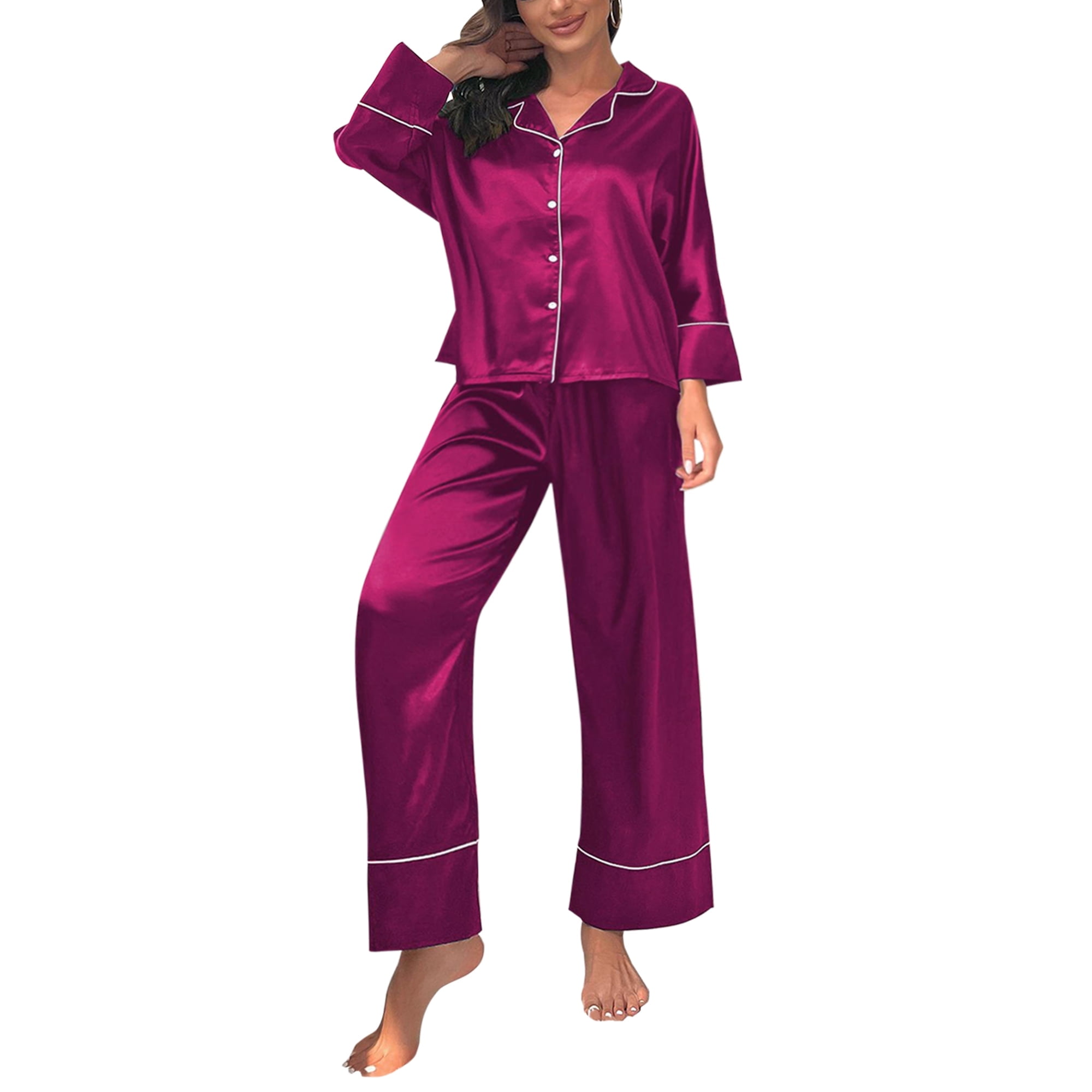 TSV Silk Satin Pajamas Set, Women's Classic Button Down Long Sleepwears ...