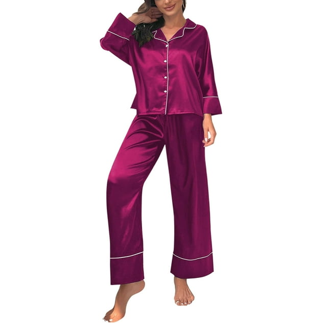 TSV Silk Satin Pajamas Set, Women's Classic Button Down Long Sleepwears ...
