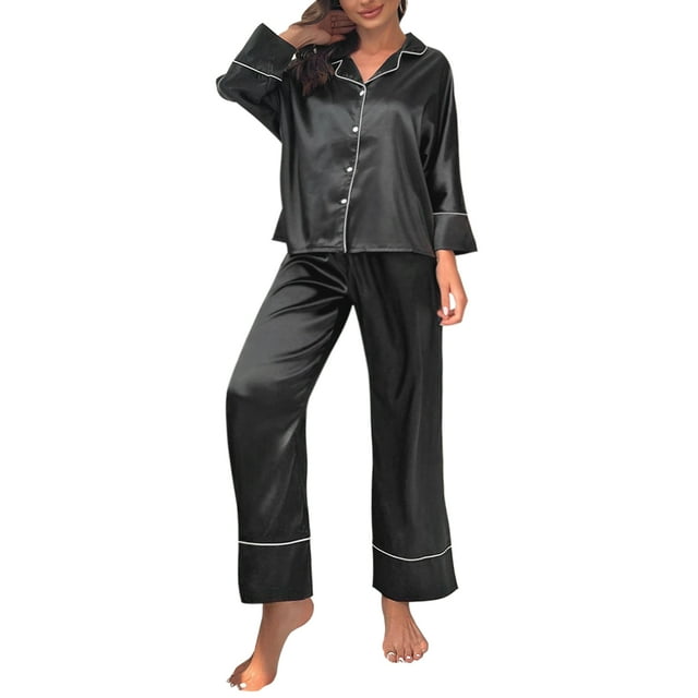 TSV Silk Satin Pajamas Set, Women's Classic Button Down Long Sleepwears ...