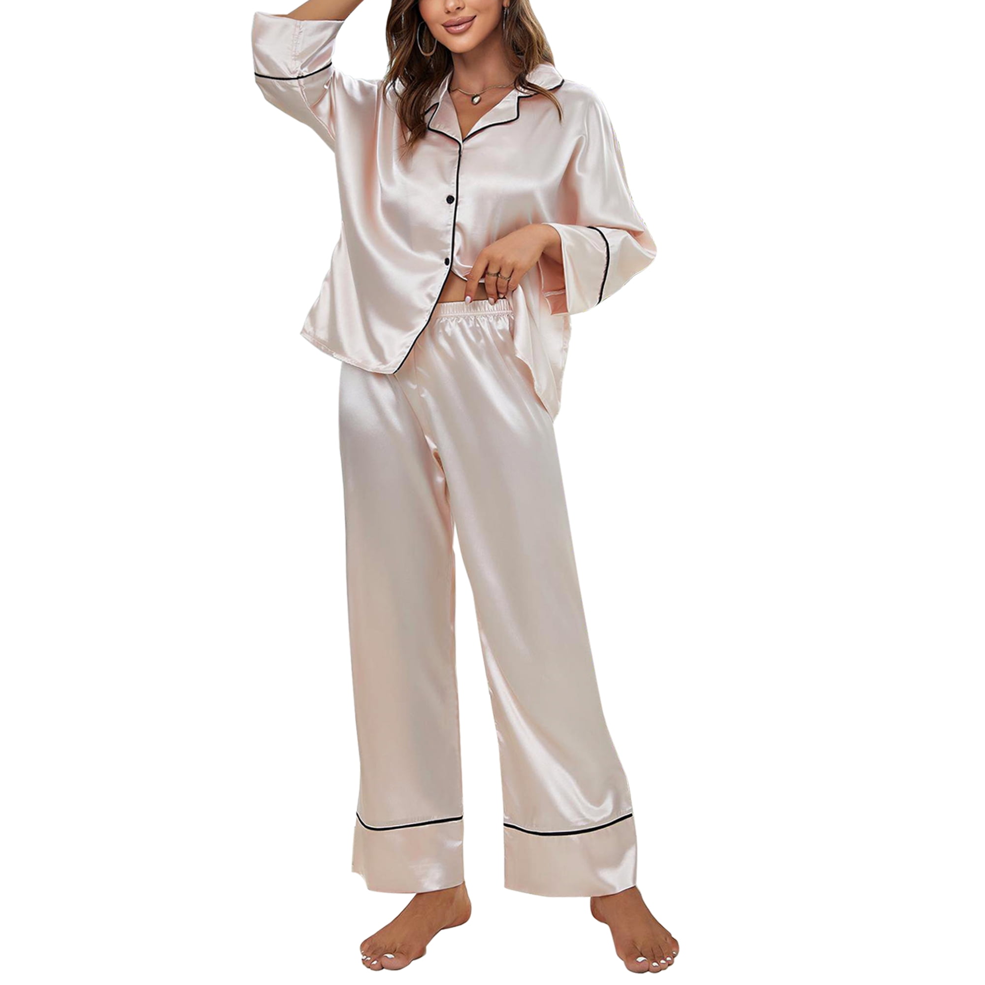 TSV Silk Satin Pajamas Set, Women's Classic Button Down Long Sleepwears ...