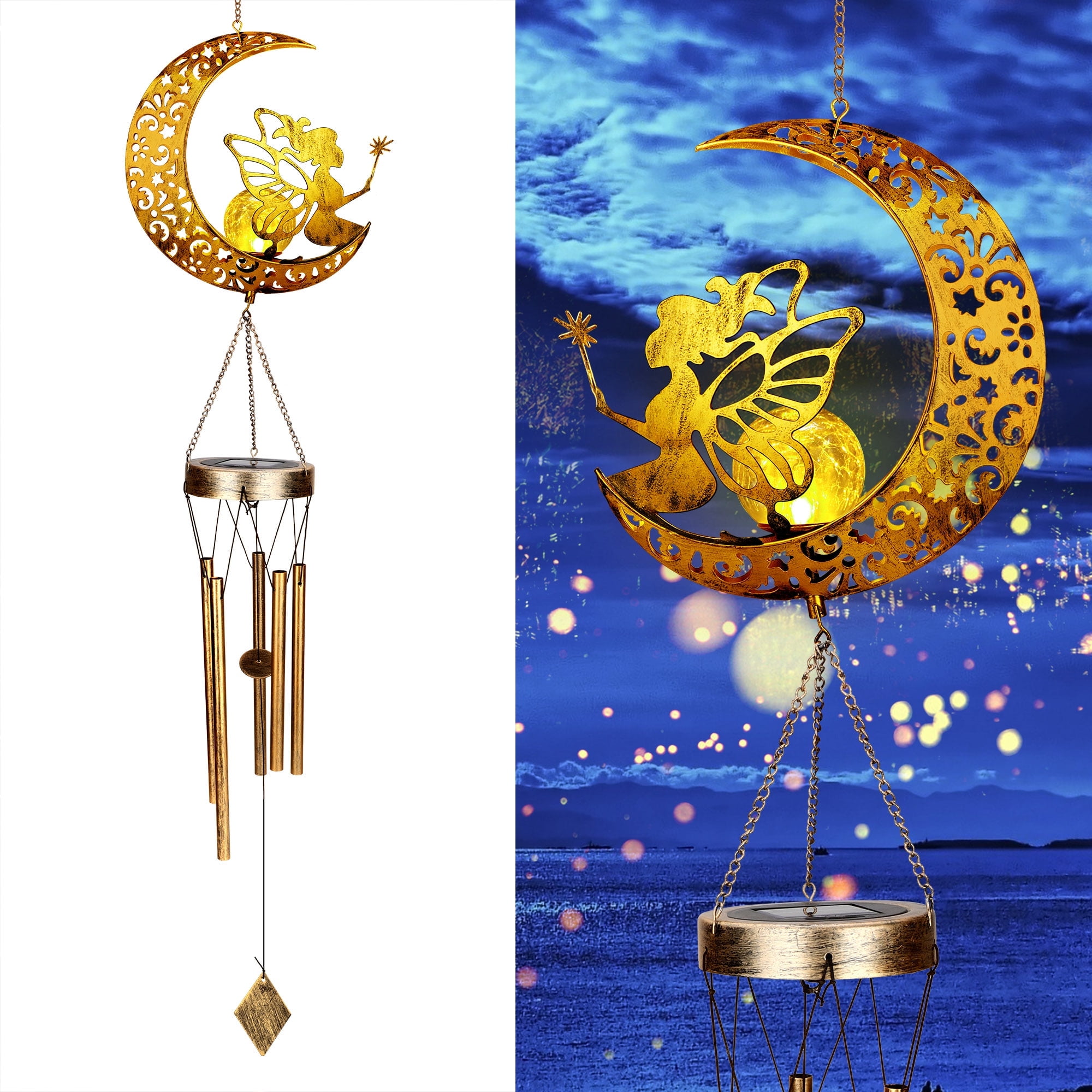 TSV Solar Fairy Wind Chimes, Outdoor Crackle Glass Ball Wind Bell Light ...