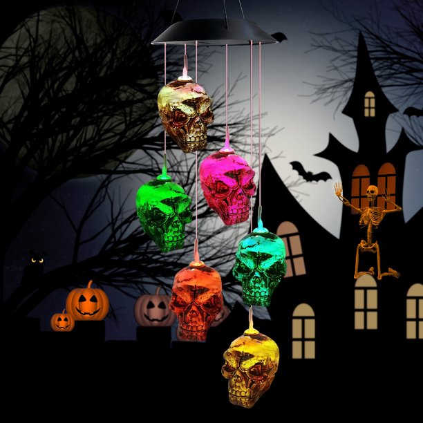 TSV Solar Wind Chimes, LED Discolor Skeleton Skull Wind Bell Light with ...