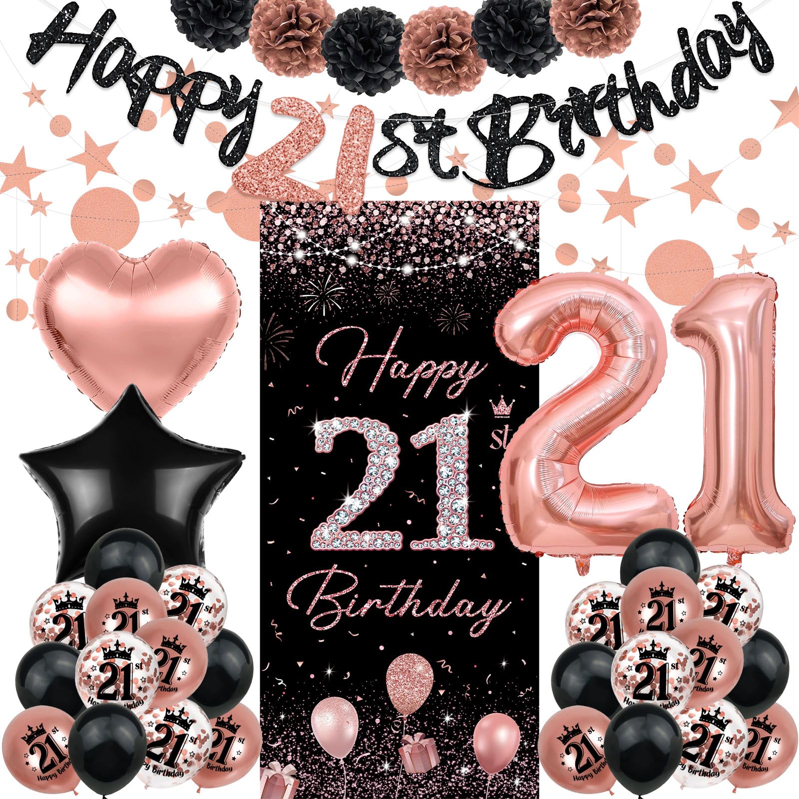 TSVATE Rose Gold 21st RRF12 Birthday Decorations - Banner, Backdrop, Balloons, Pompoms & Star ...