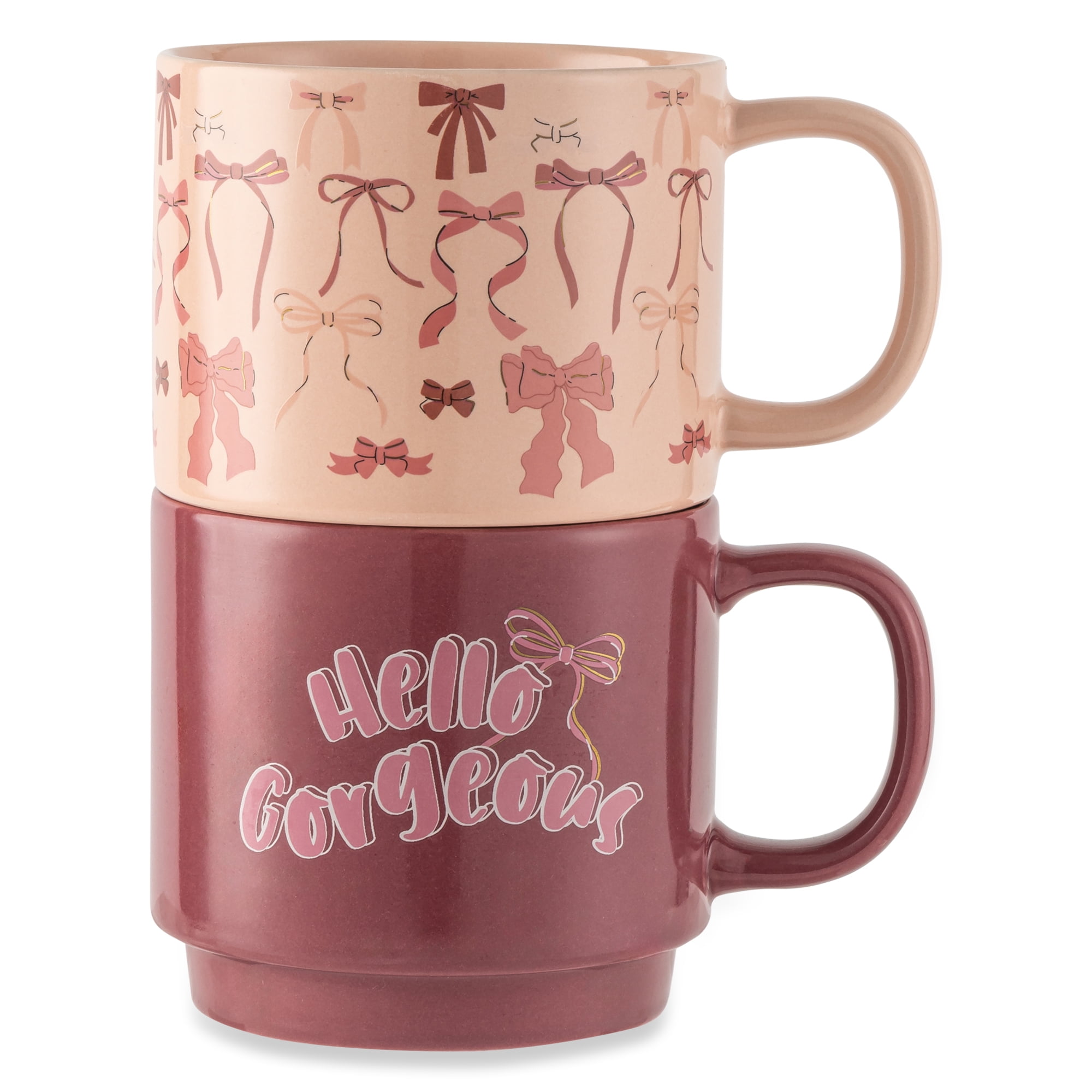 Thyme & Table 2 Pack Stacking Hello Gorgeous and Pink Bows Mugs 14.2 fl ...