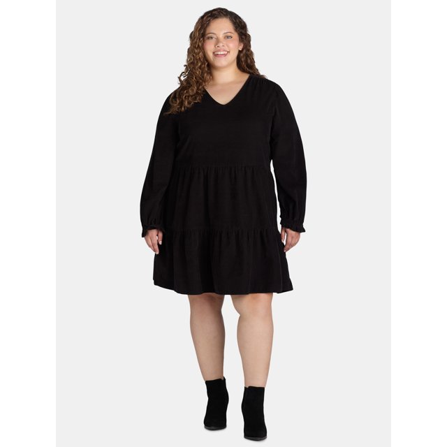 Time and Tru Women's and Women's Plus Cotton Corduroy Tiered Dress ...
