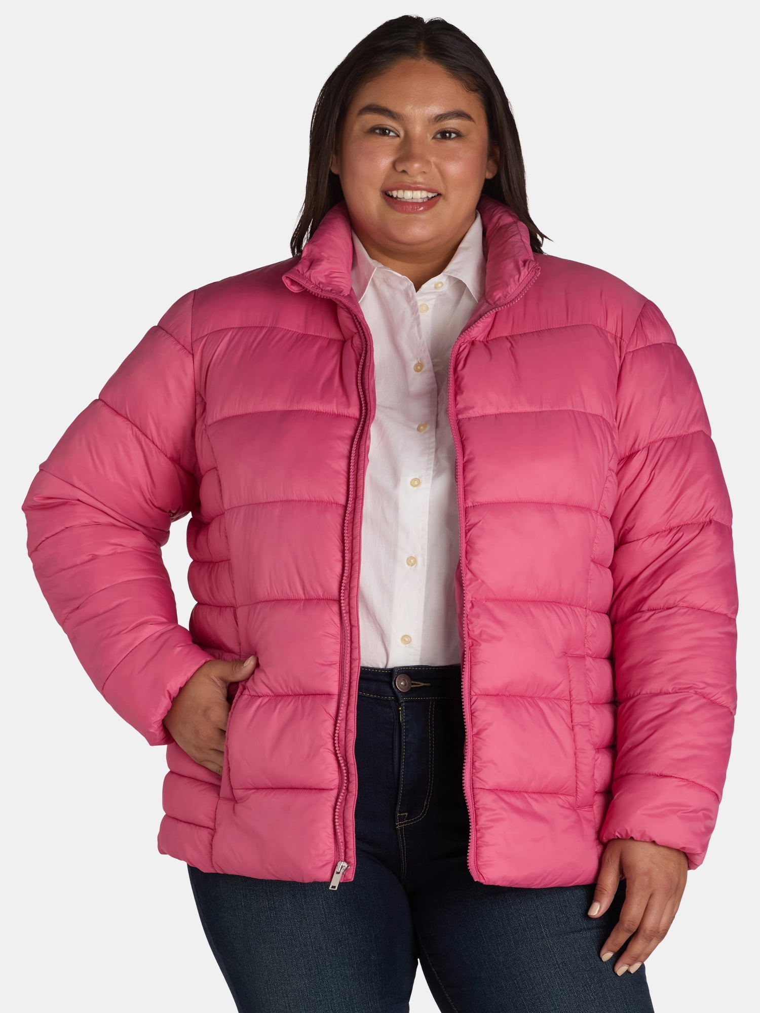 Time & Tru Women's Plus Puffer Jacket XS-3X, Lightweight, Wind ...