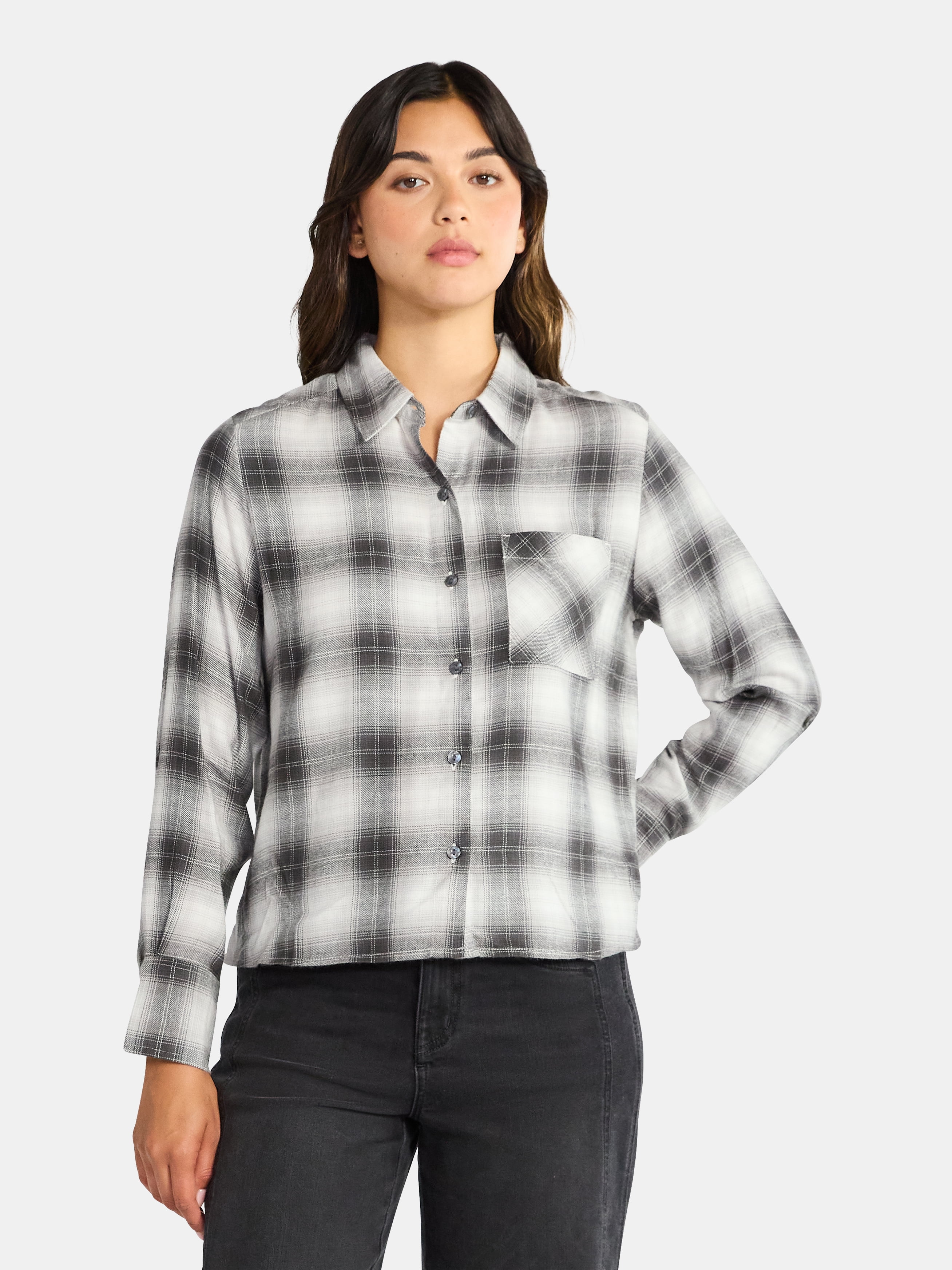 Time and Tru Women's Cropped Flannel Shirt with Long Sleeves, Sizes XS ...