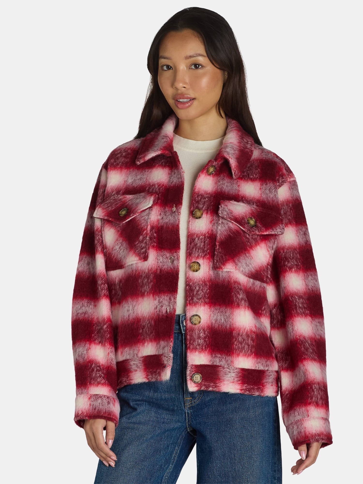 Time and Tru Women's Cropped Plaid Button Down Shacket, XS-XXXL ...