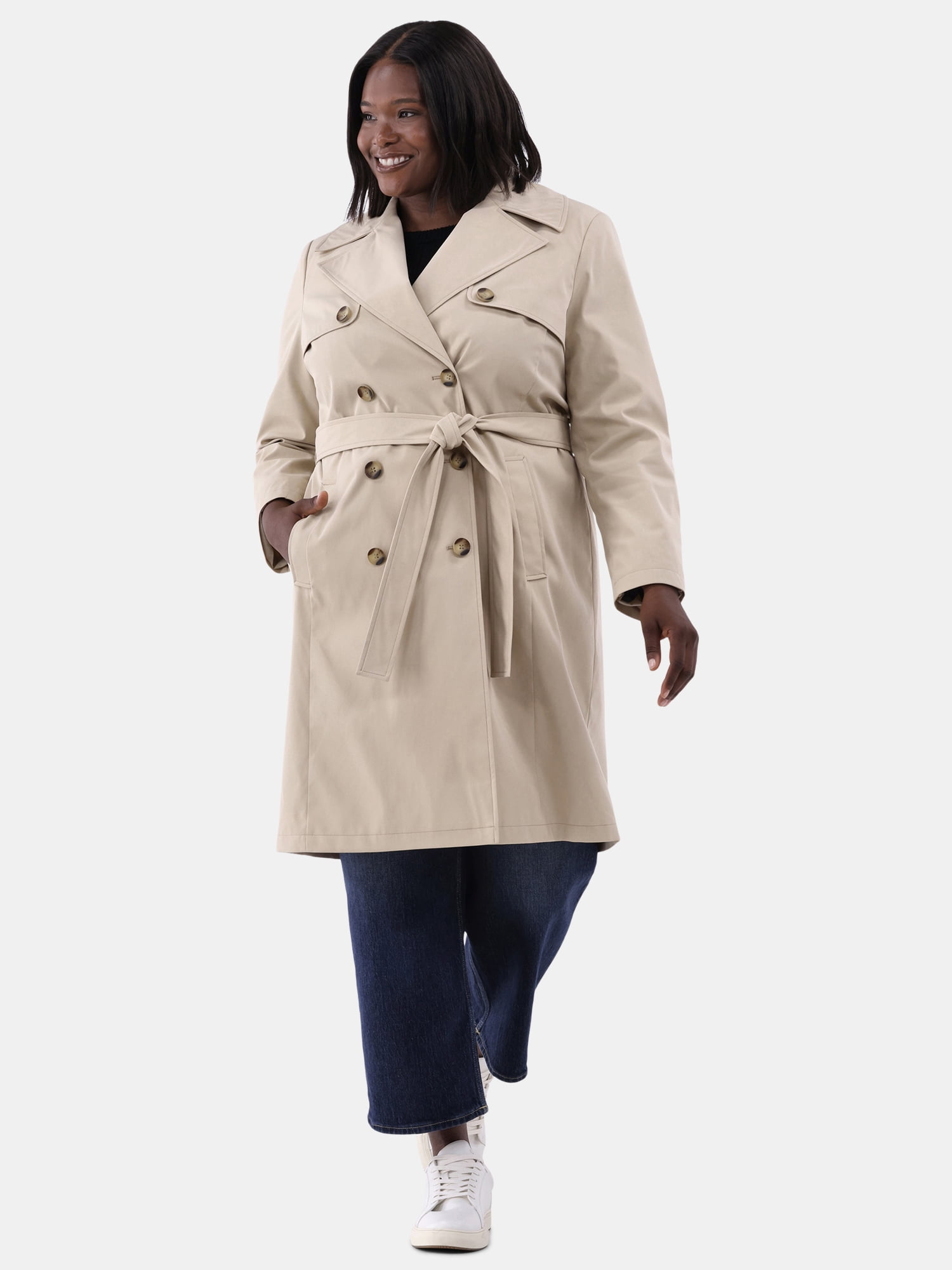 Time and Tru Double Breasted Trench Coat, Women's and Women’s Plus ...