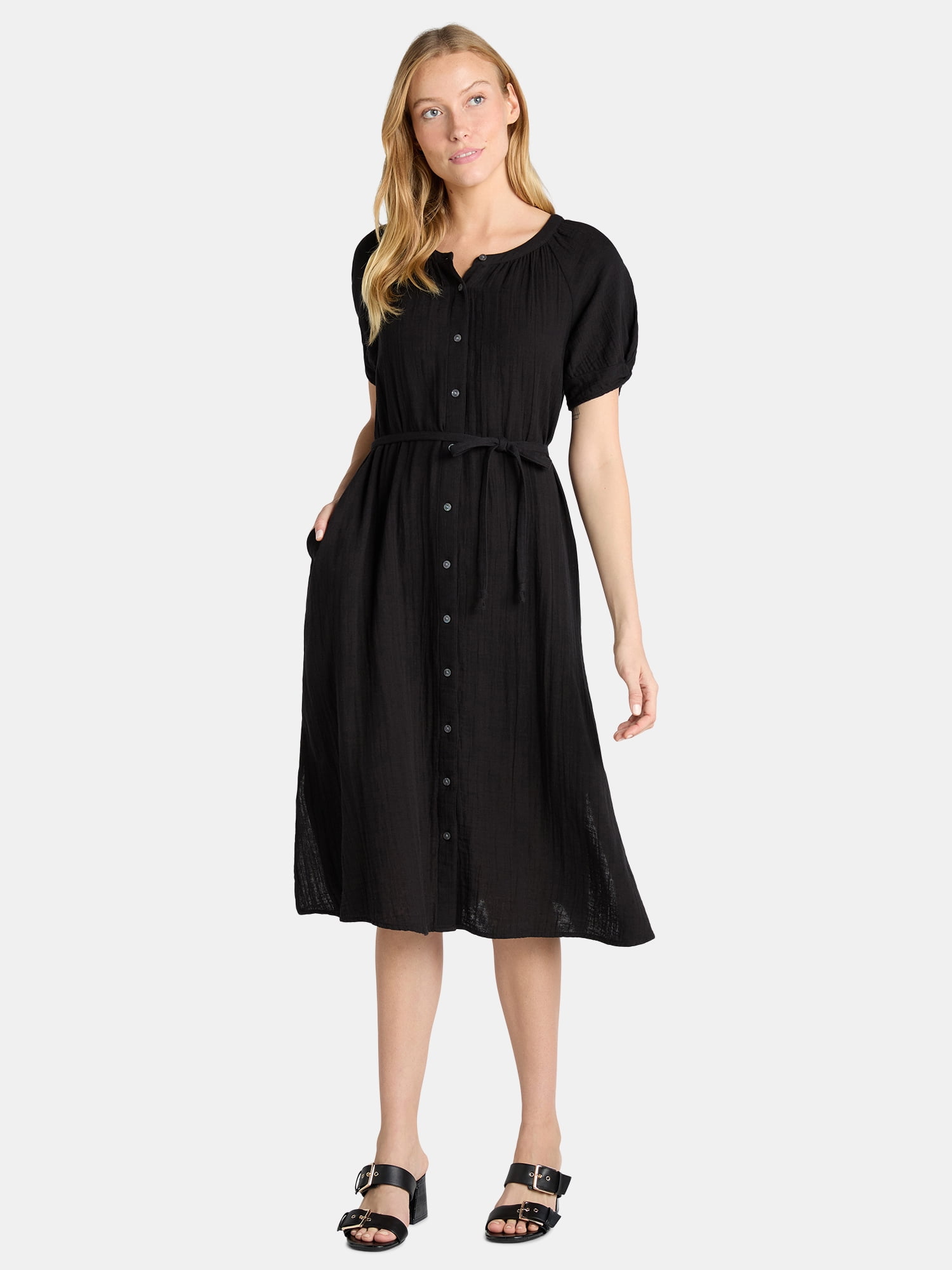 Time and Tru Women’s and Women’s Plus Cotton Double Cloth Midi Dress ...