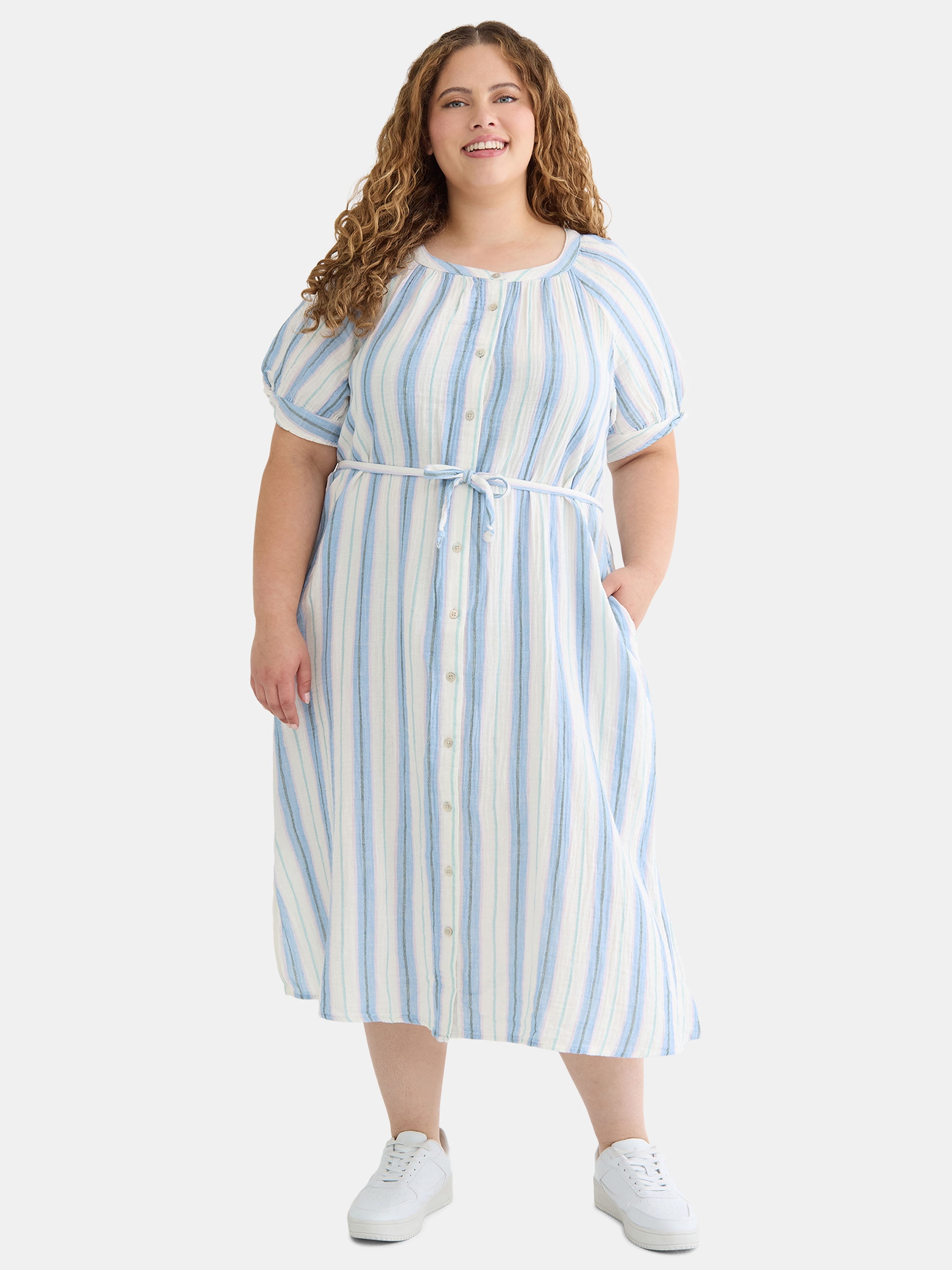 Time and Tru Women’s and Women’s Plus Cotton Double Cloth Midi Dress ...