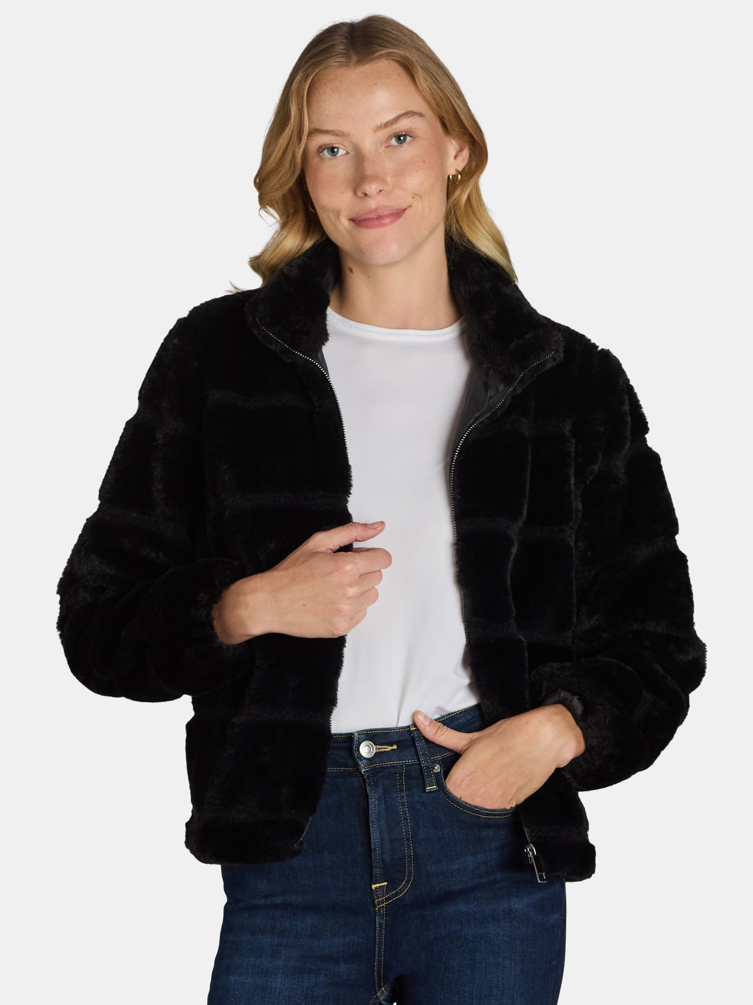 Time and Tru Women's and Women's Plus Faux Fur Channel Jacket, Sizes XS ...
