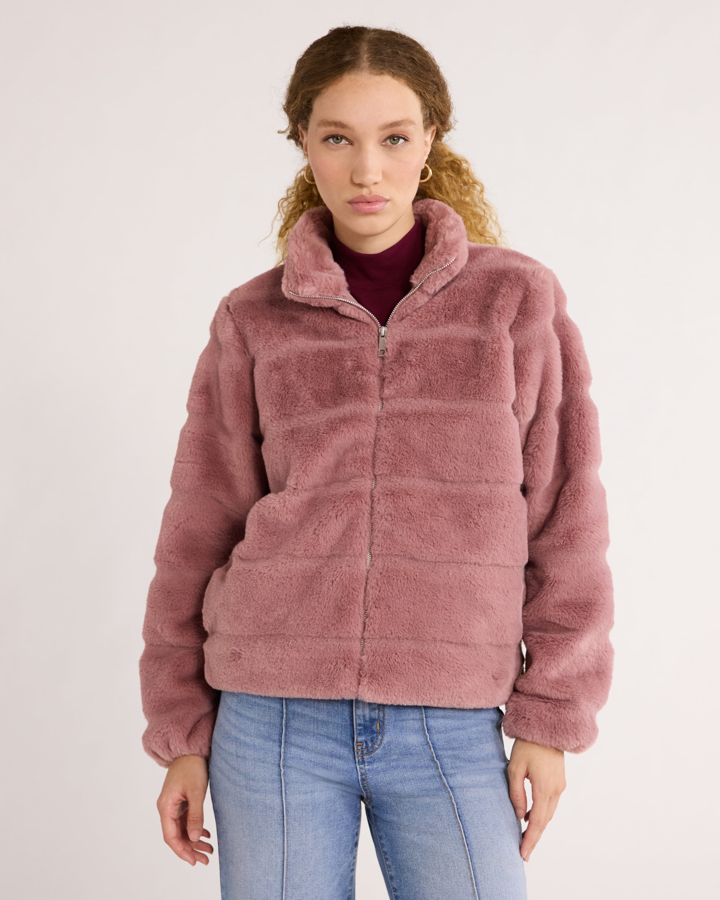 Time and Tru Women's and Women's Plus Faux Fur Channel Jacket, Sizes XS ...