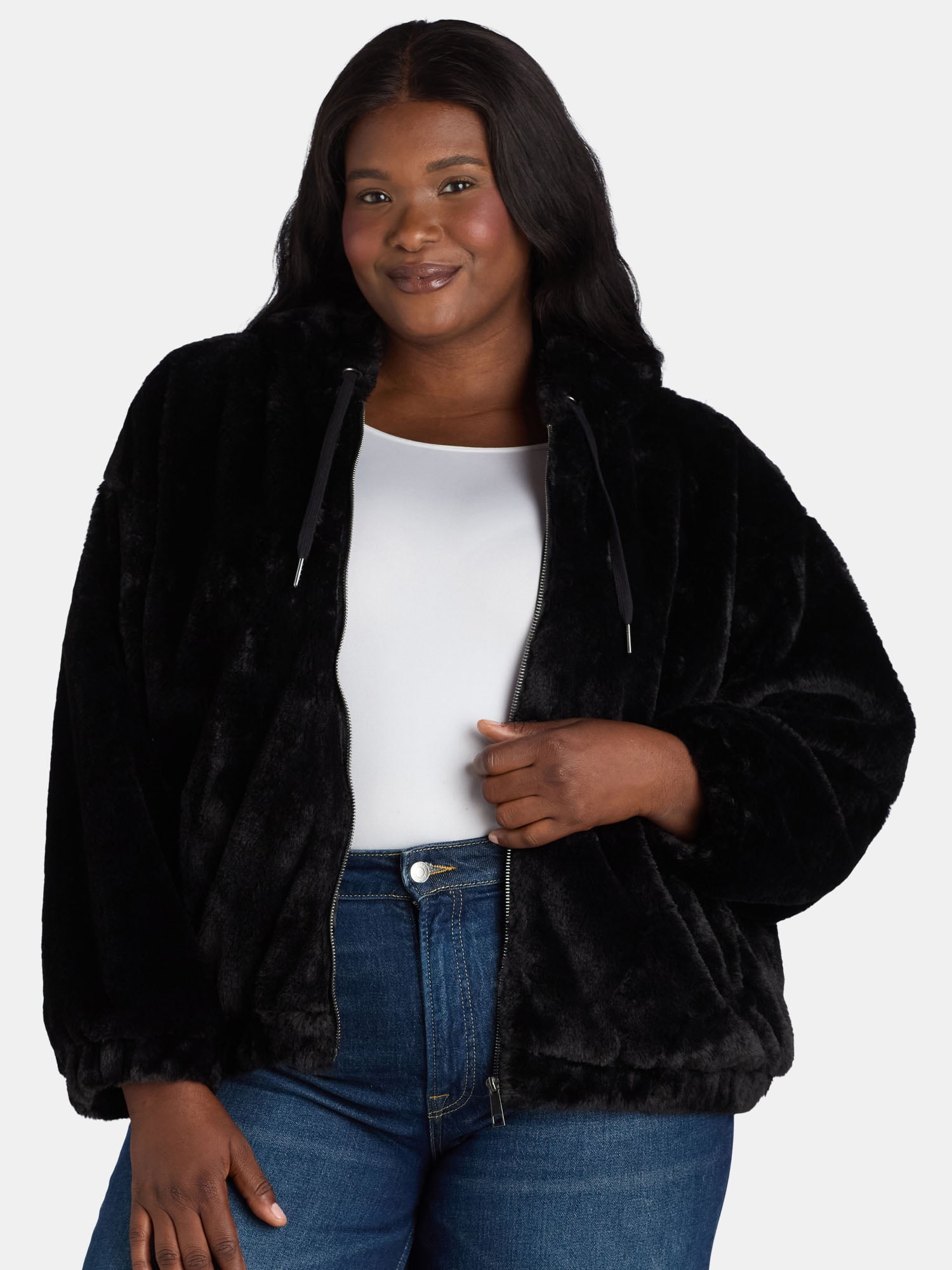Time and Tru Women's and Women’s Plus Faux Fur Zip Hoodie, Sizes XS-3X ...