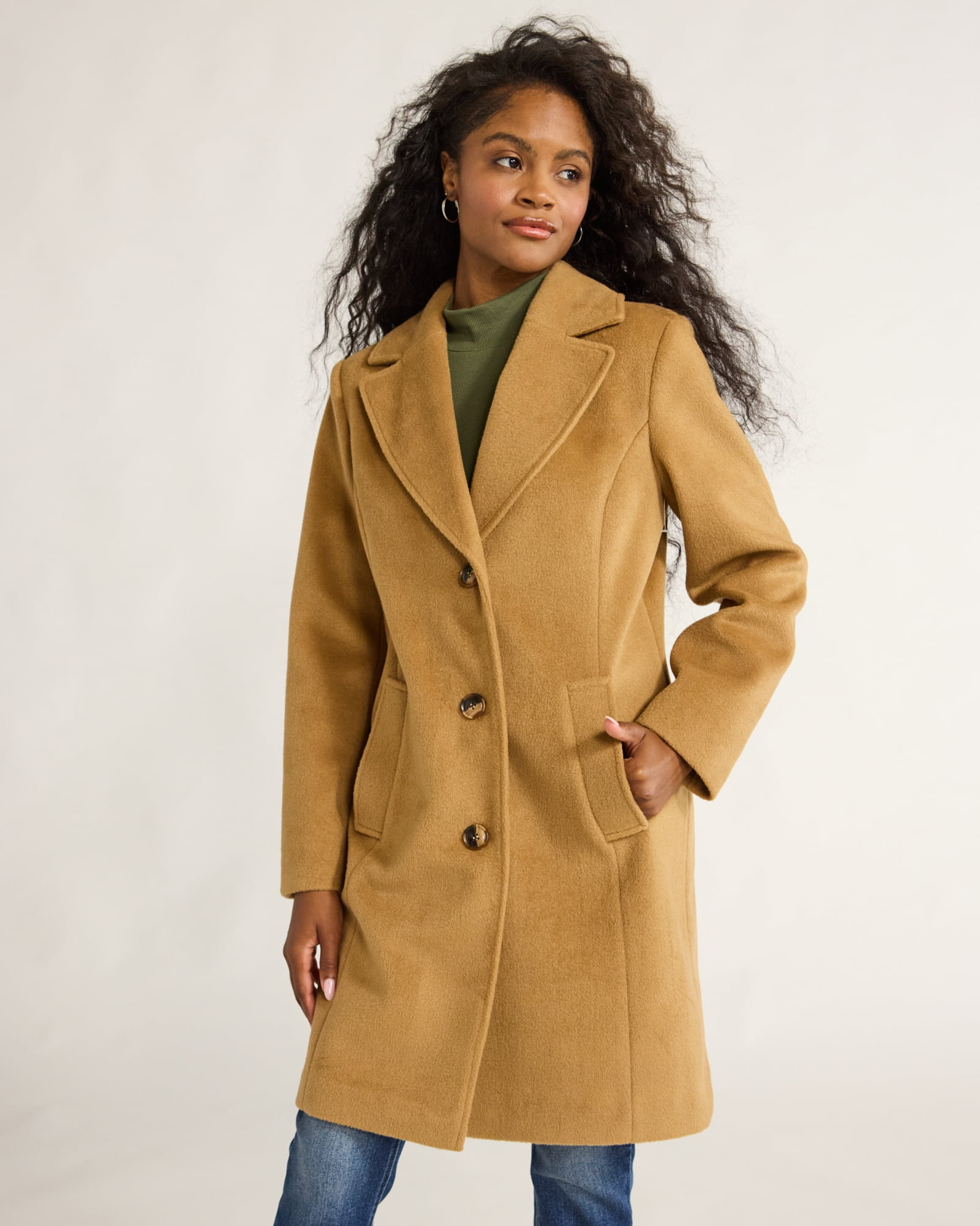 Time and Tru Women's and Women's Plus Faux Wool Solid Button Front Coat ...
