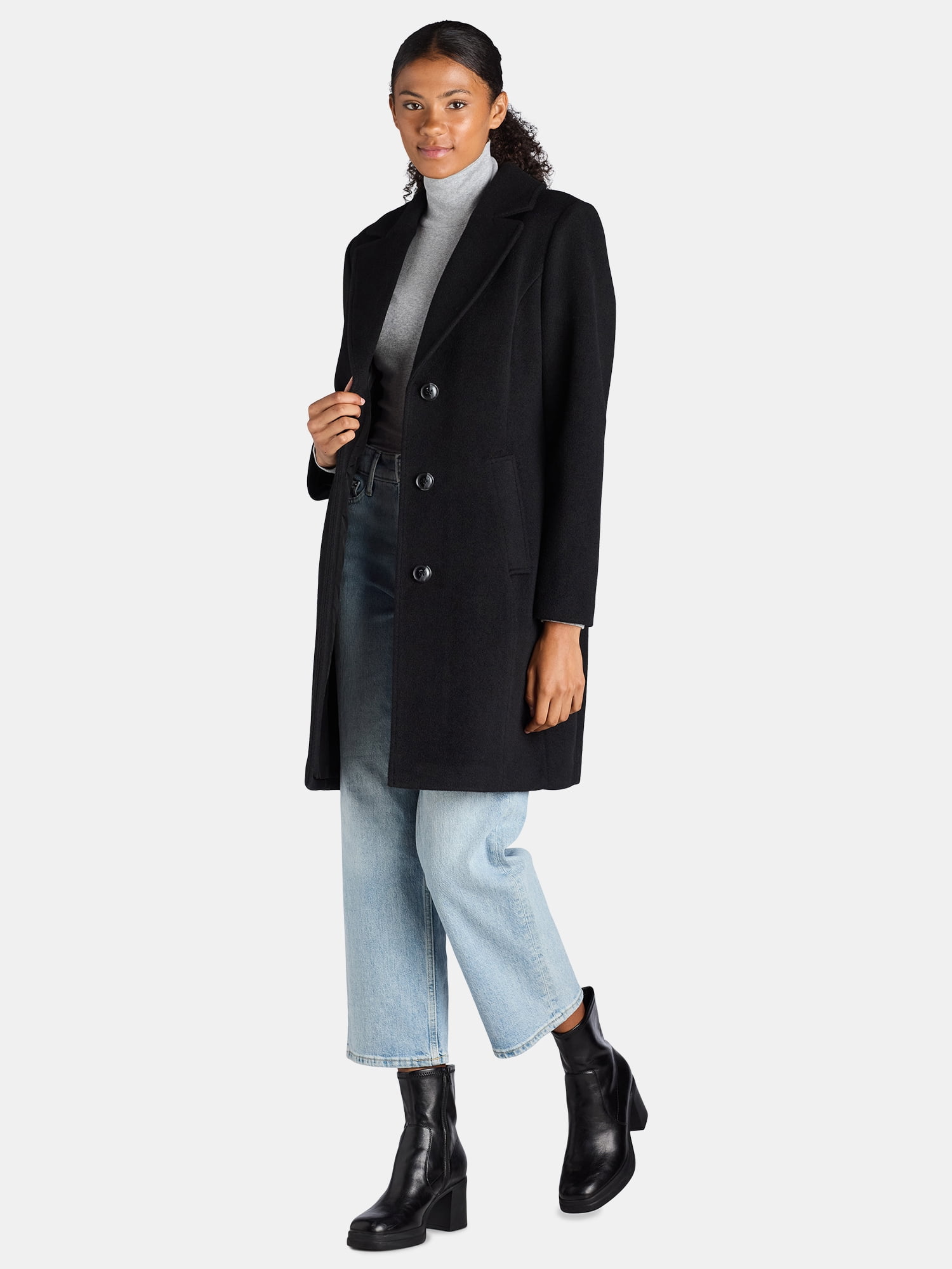 Time and Tru Women's and Women's Plus Faux Wool Solid Button Front Coat ...