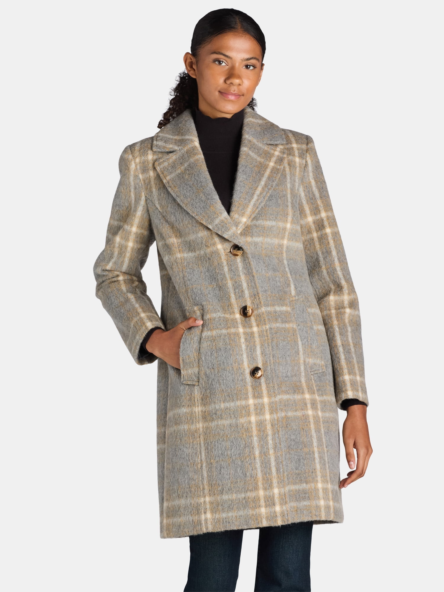 Time and Tru Women's and Women's Plus Faux Wool Solid Button Front Coat ...
