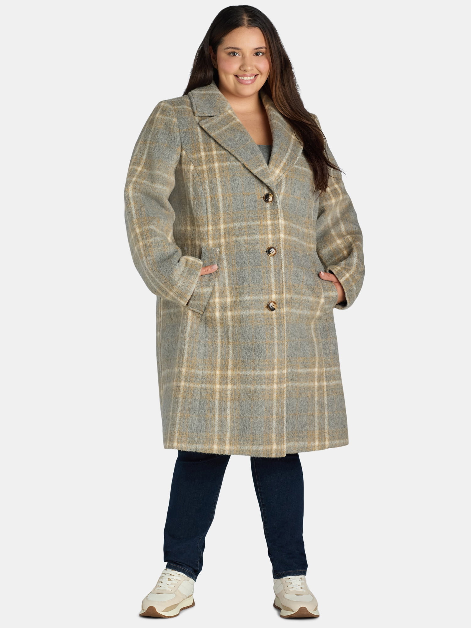 Time and Tru Women's and Women's Plus Faux Wool Solid Button Front Coat ...