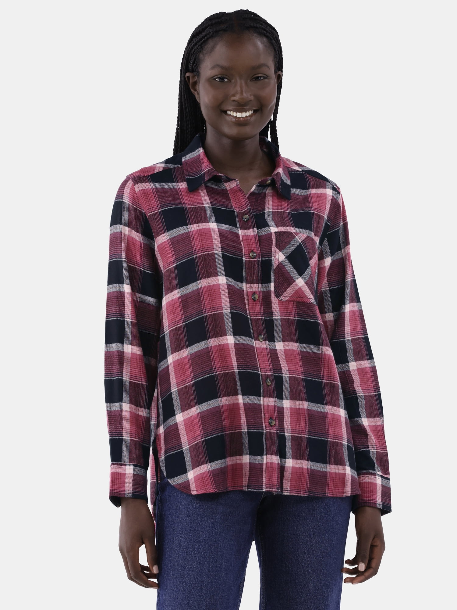 Time and Tru Women's Button Down Flannel Shirt with Long Sleeves, Sizes ...