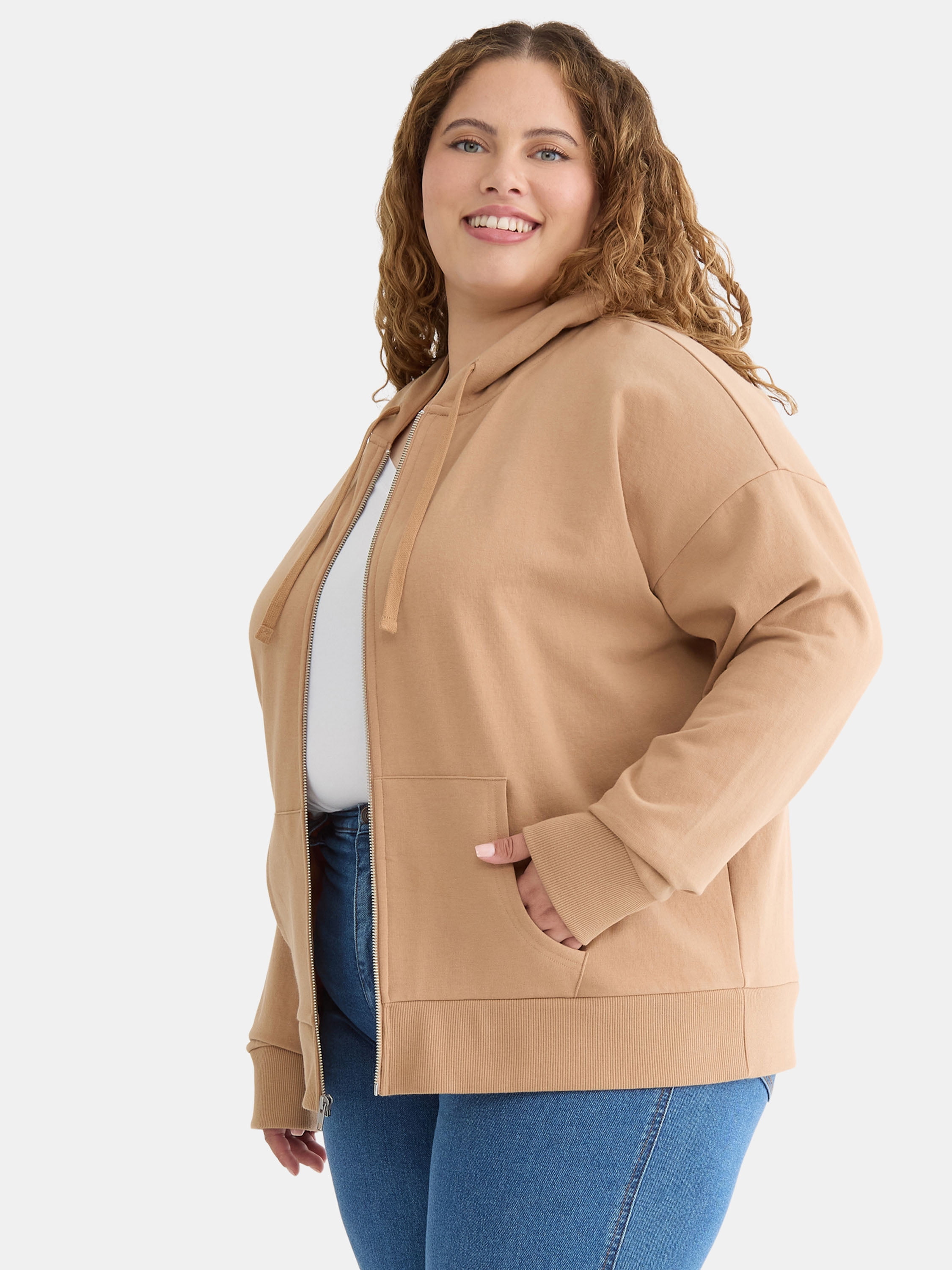 Time and Tru Women’s and Women’s Plus Zip Up Fleece Jacket with Hood ...