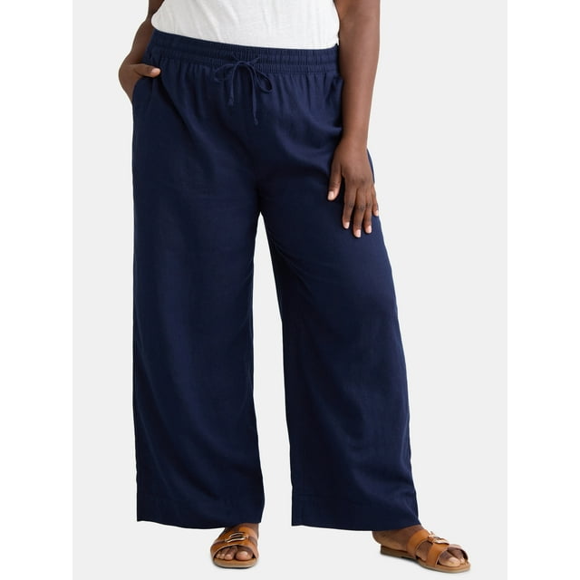 Time and Tru Women's and Women's Plus Wide Leg Linen Blend Pants, 29 ...